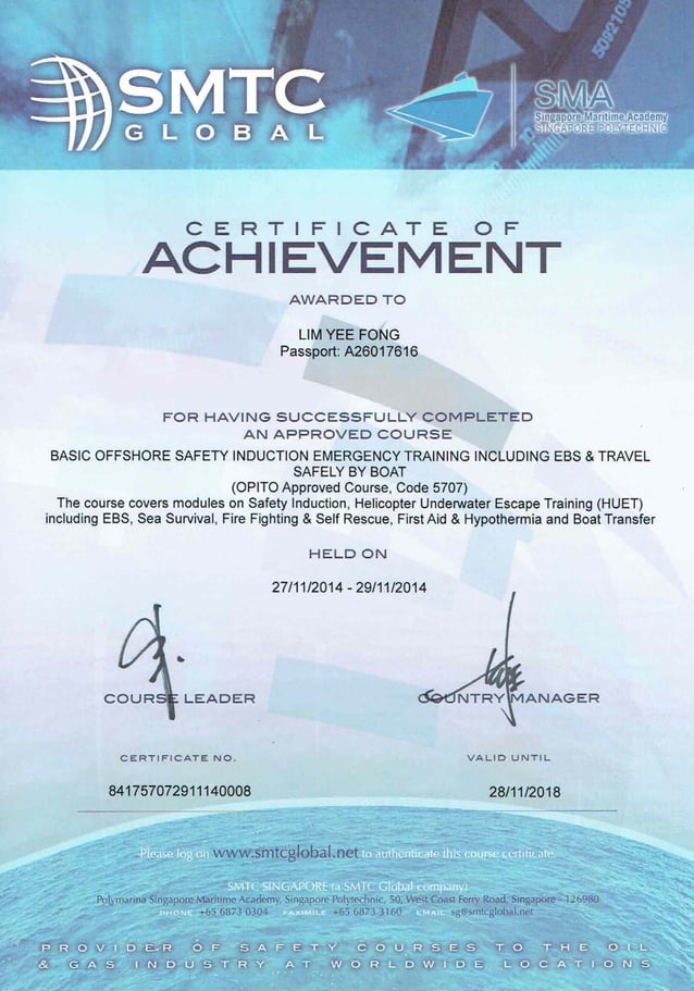 BOSIET Certificate Lim Yee Fong | PDF