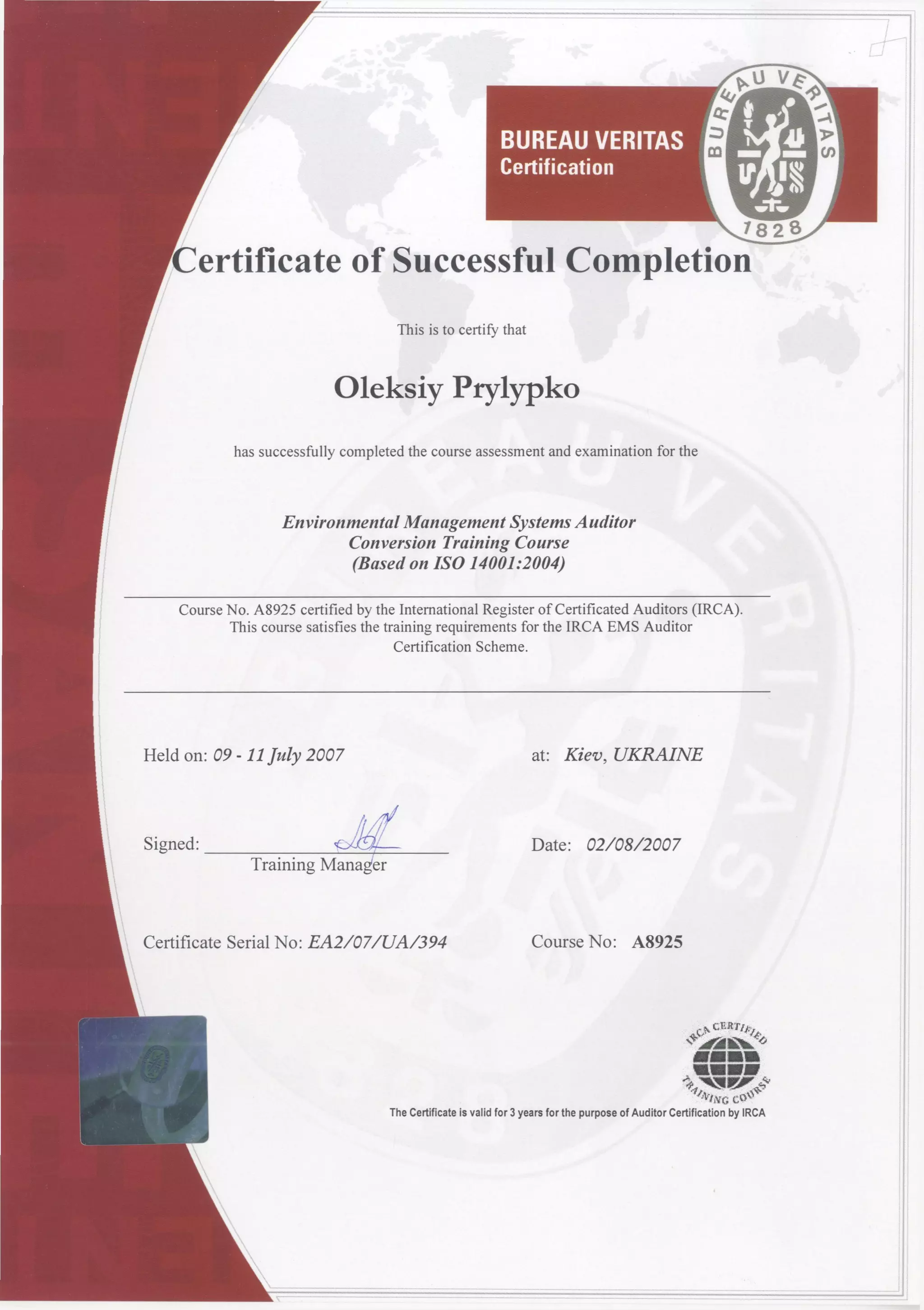 POI Certificate Bureau Veritas Lead Auditor EMS ISO 14001 | PDF