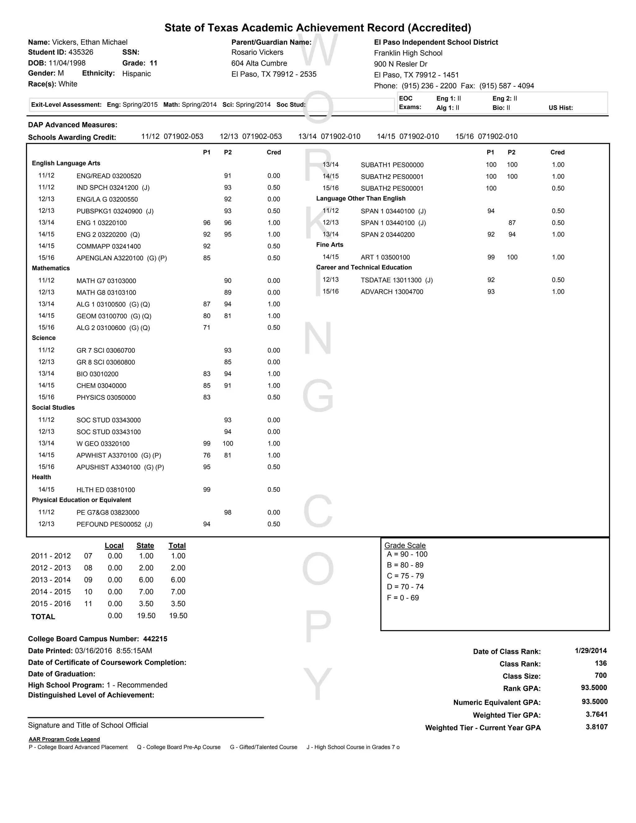 EPISD UNOFFICIAL TRANSCRIPT Ethan Vickers | PDF