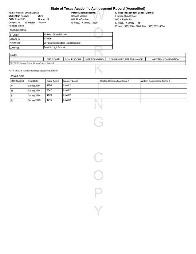 EPISD UNOFFICIAL TRANSCRIPT Ethan Vickers | PDF | College Education ...