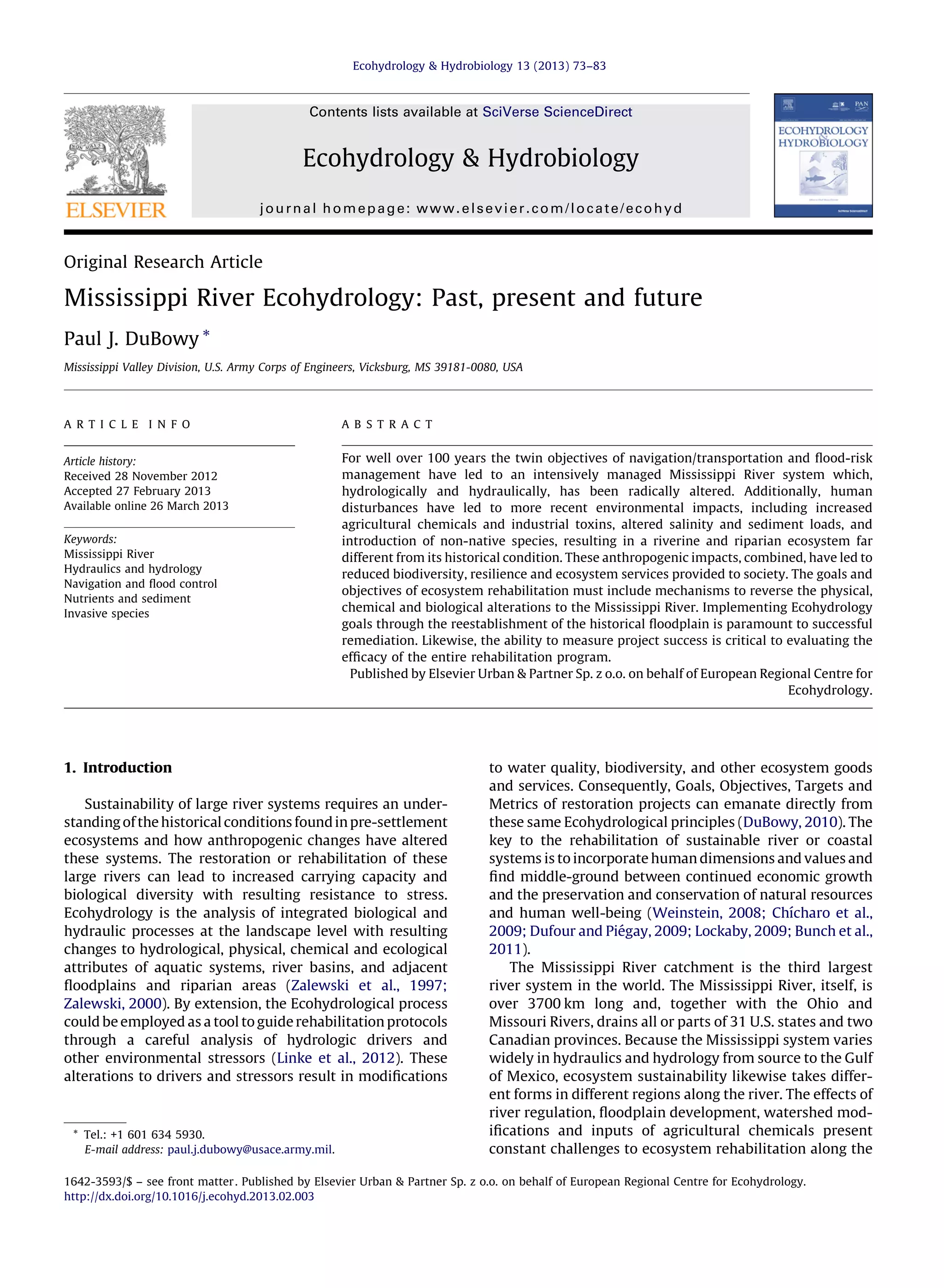 DuBowy Ecohydrology & Hydrobiology 2013 | PDF | Zoos & Aquariums | Attractions