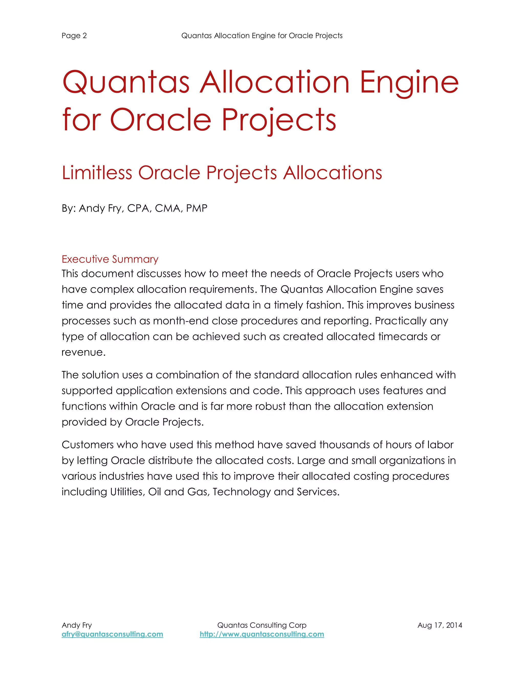Quantas Allocation Engine for Oracle Projects | PDF