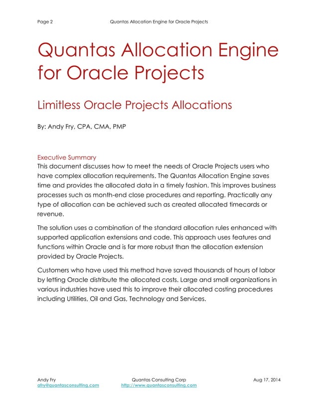 Quantas Allocation Engine for Oracle Projects | PDF