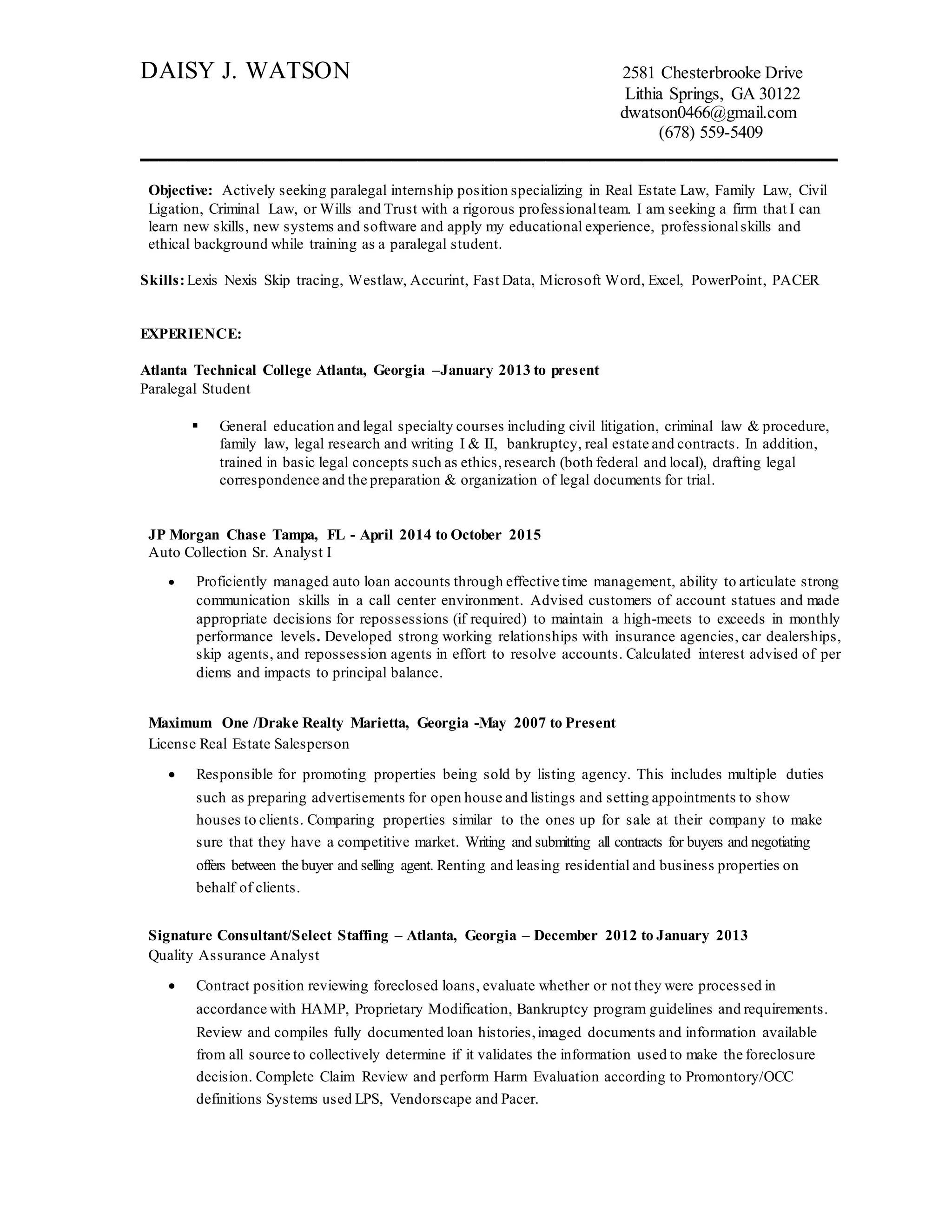 Daisy Watson Paralegal Resume | DOCX