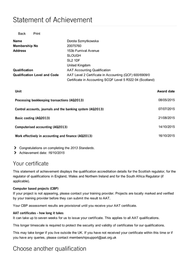 Statement of Achievements AAT | PDF