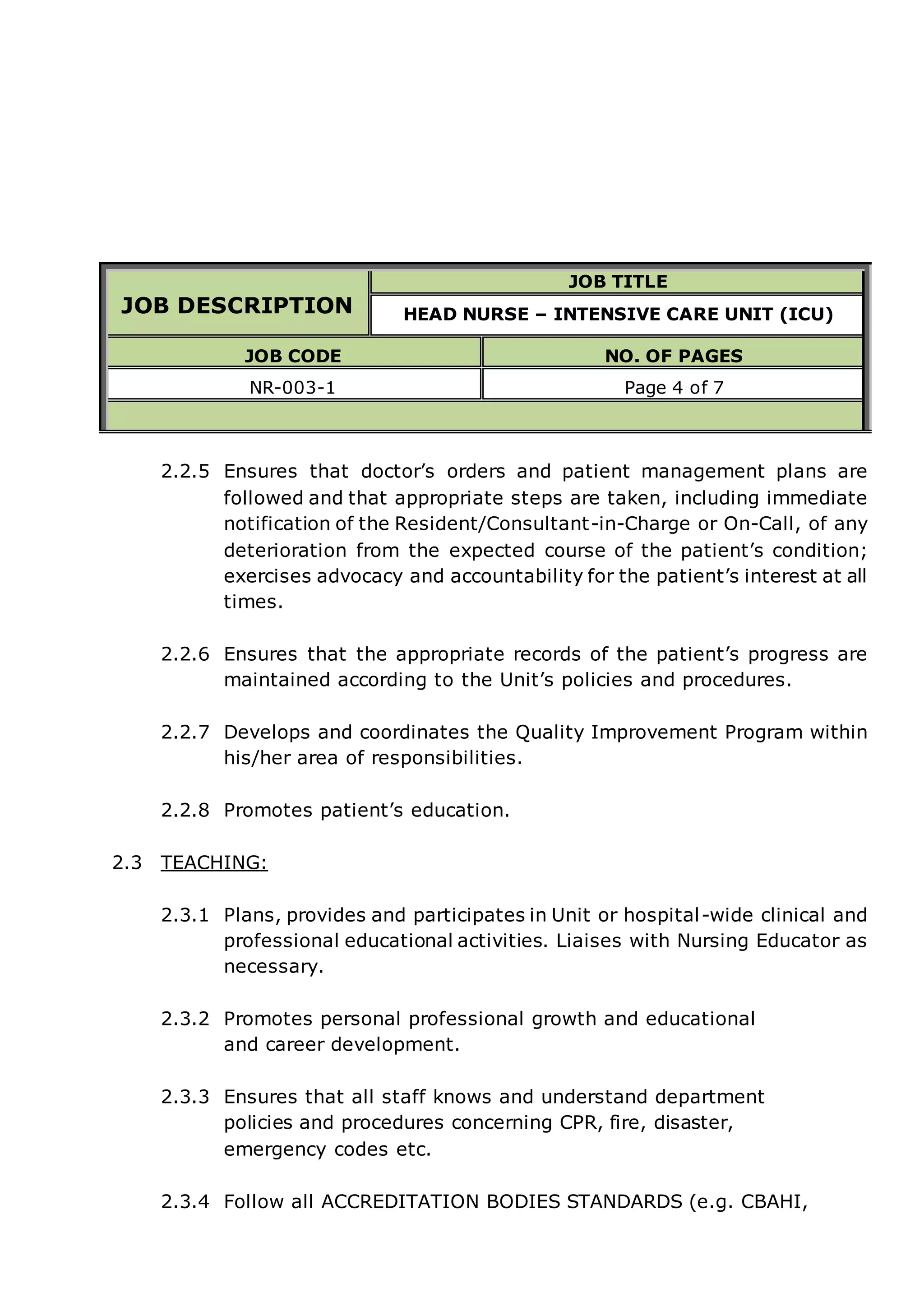 HEAD NURSE INTENSIVE CARE UNIT (ICU) job description | DOCX