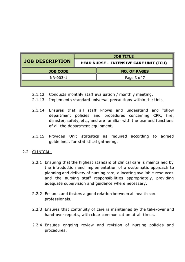 HEAD NURSE INTENSIVE CARE UNIT (ICU) job description | DOCX ...