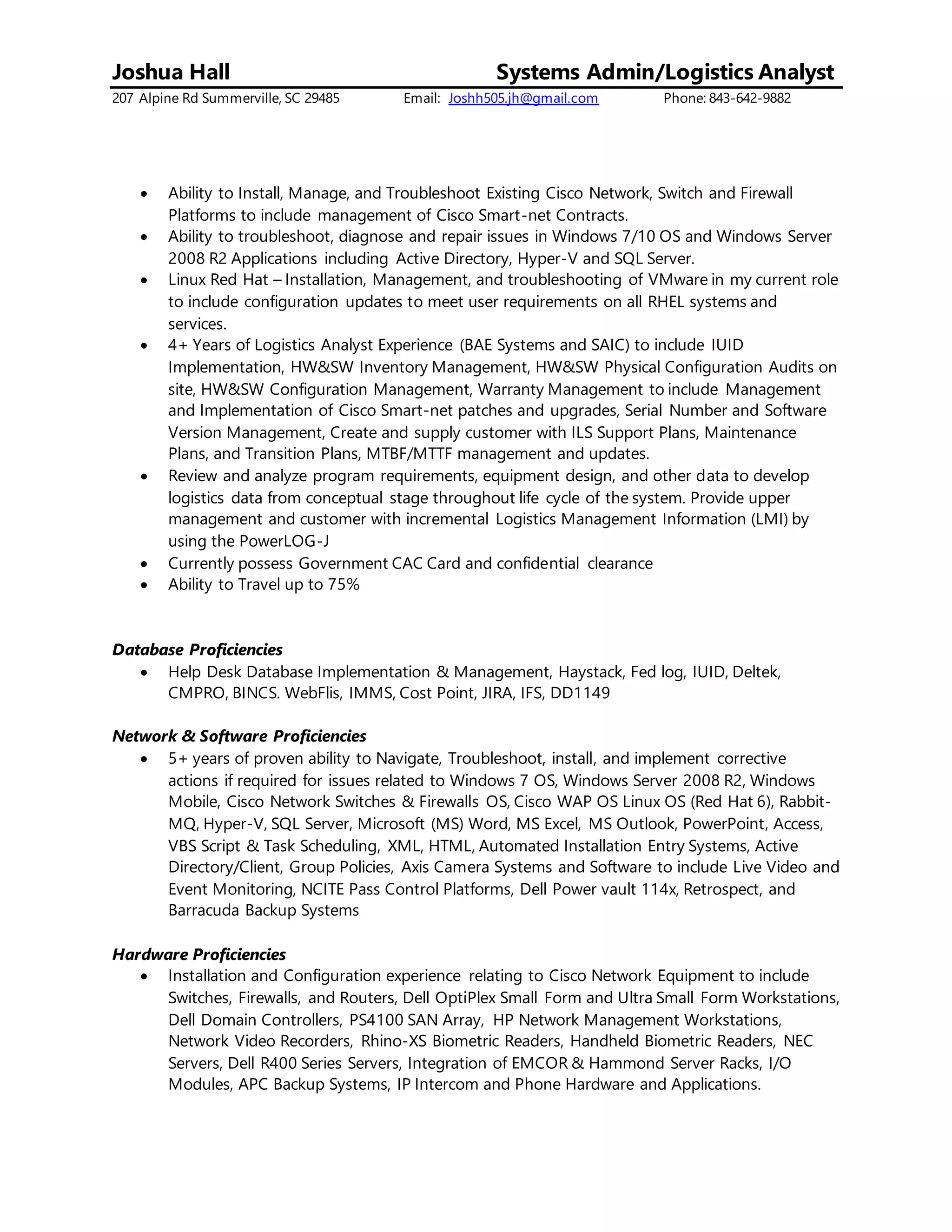 Joshua Hall - Engineering Technologist - Systems Admin | DOCX