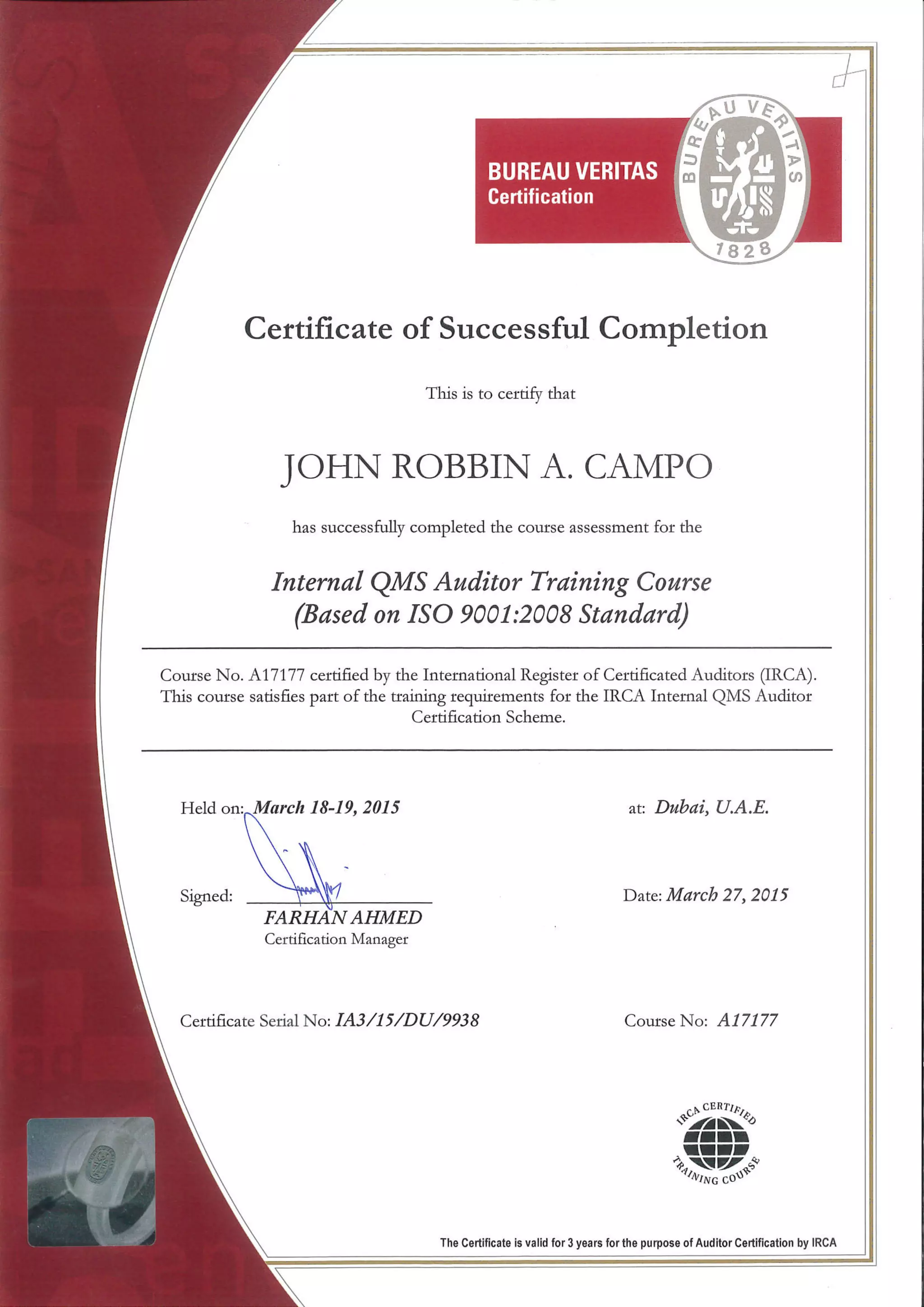 INTERNAL AUDITOR CERT | PDF