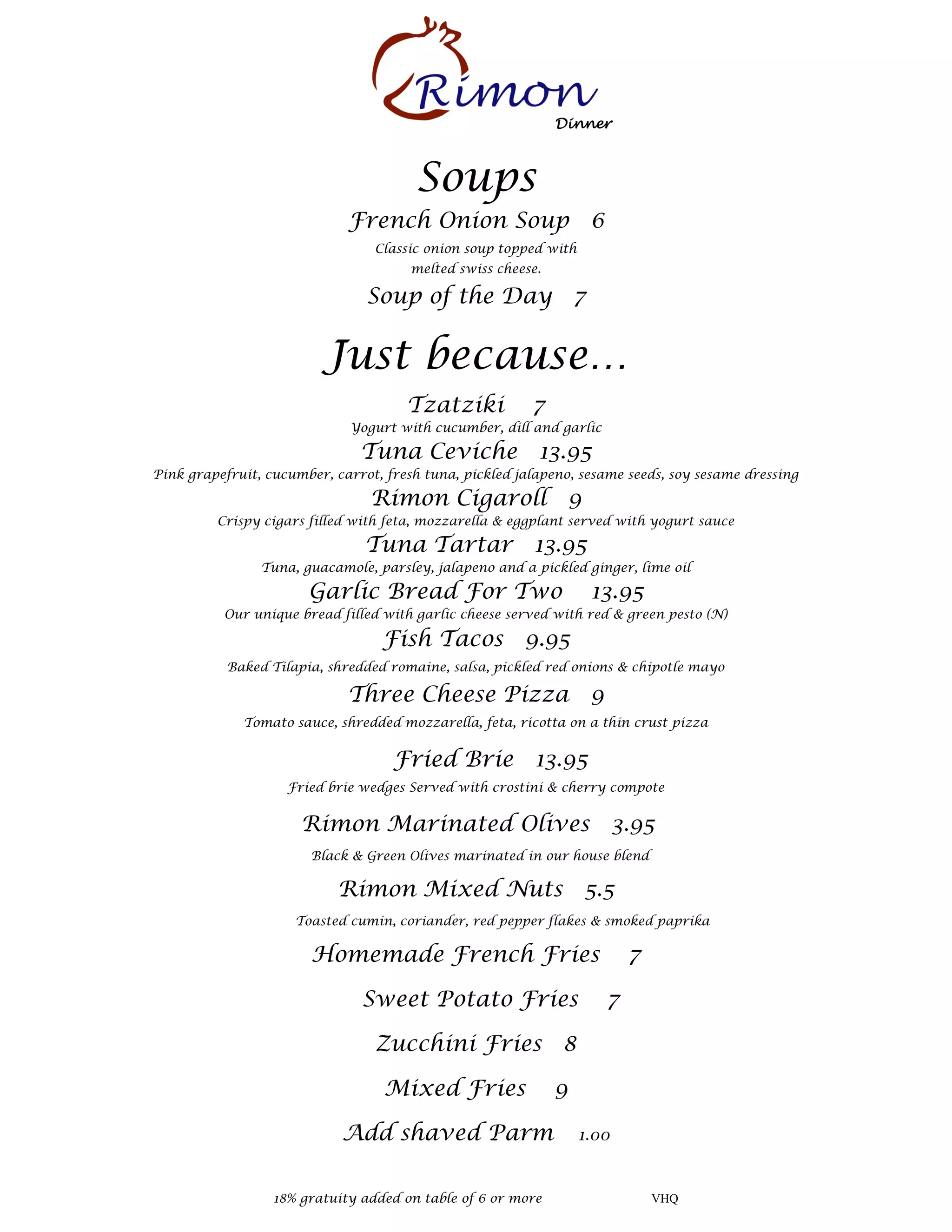 Rimon Dinner Menu | PDF