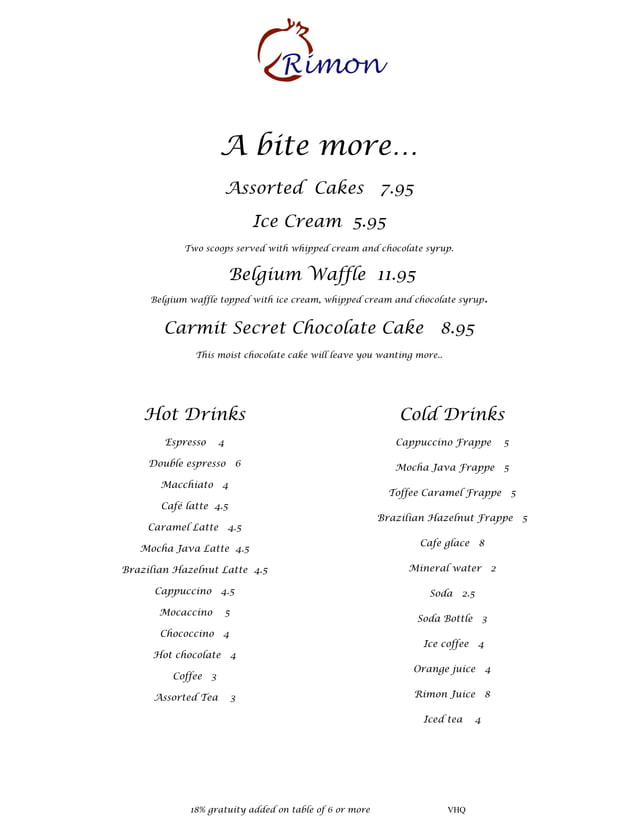 Rimon Dinner Menu | PDF