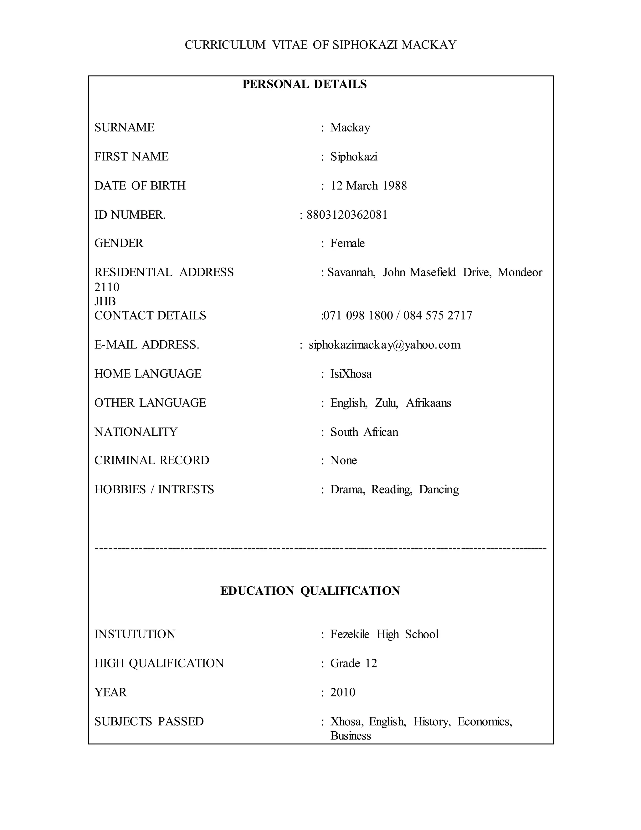 Siphokazi Mackay CV | DOCX