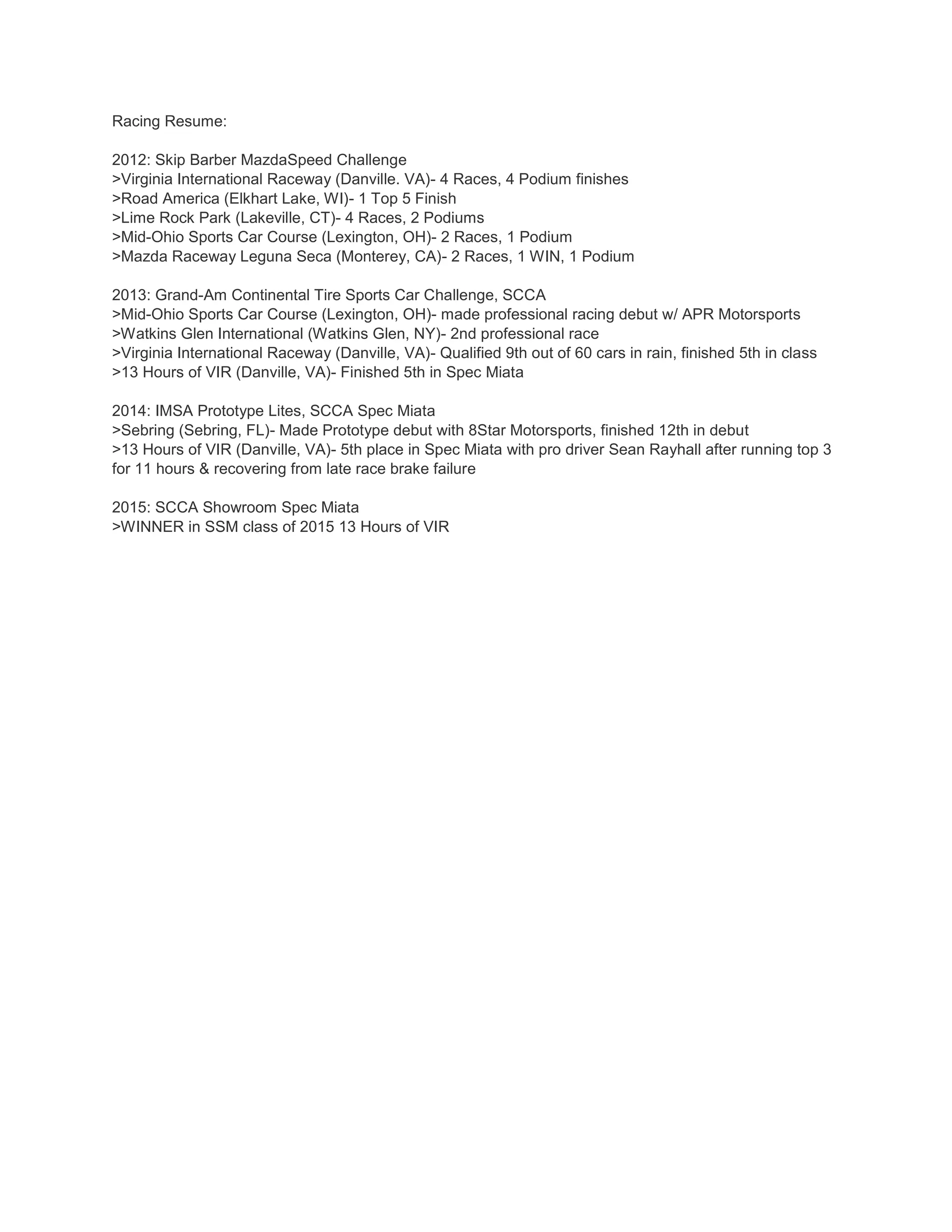 Dan Conway Racing Resume 2016 | PDF | Auto Racing | Sports