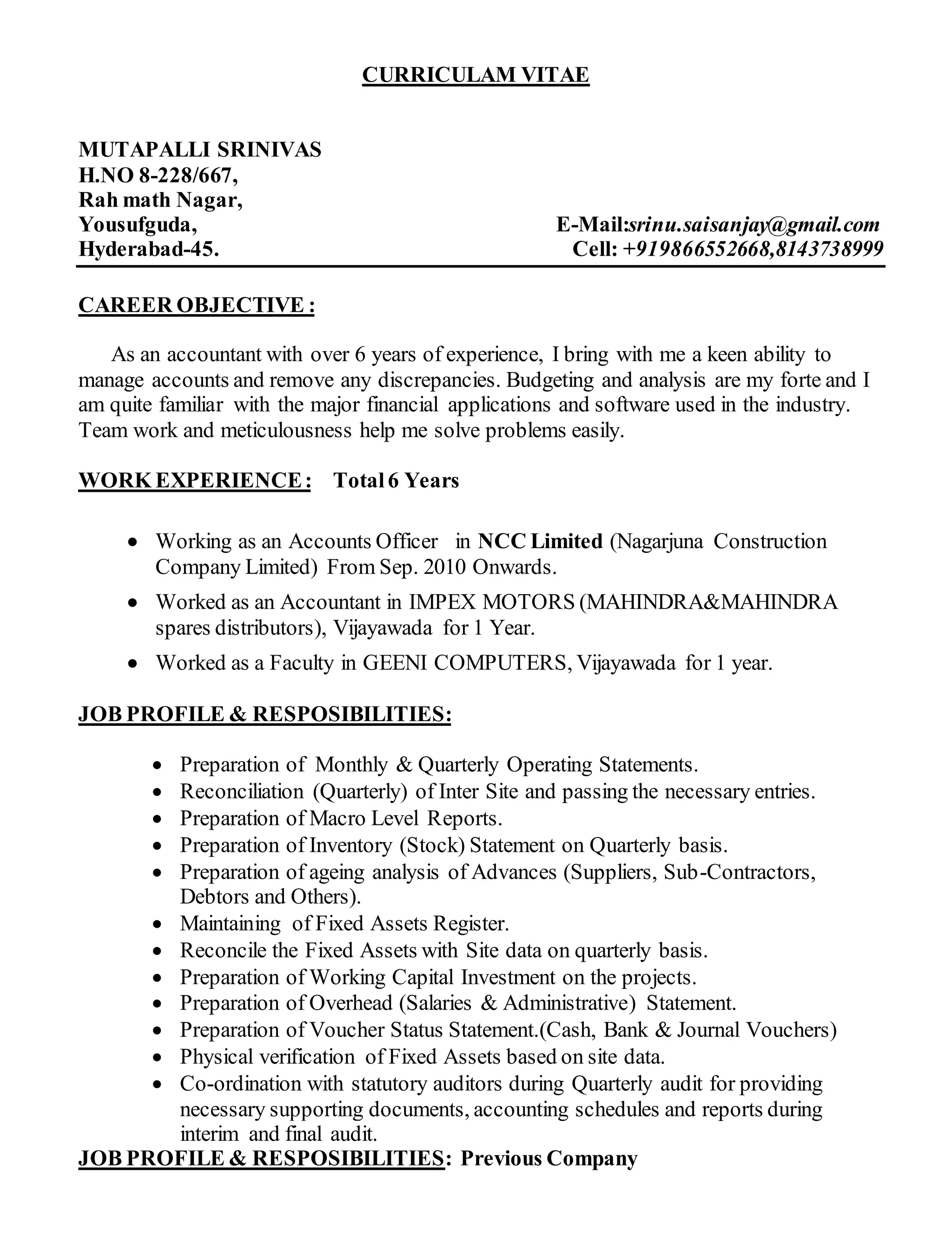 CV of Srinivas(M Com,ICMAI) | DOCX