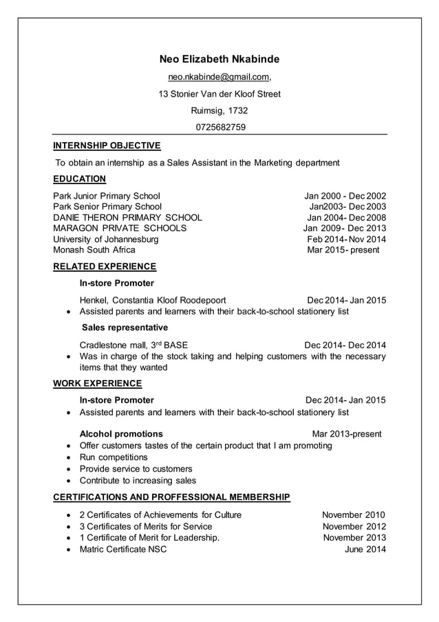 Neo Elizabeth Nkabinde curriculam vitae | PDF