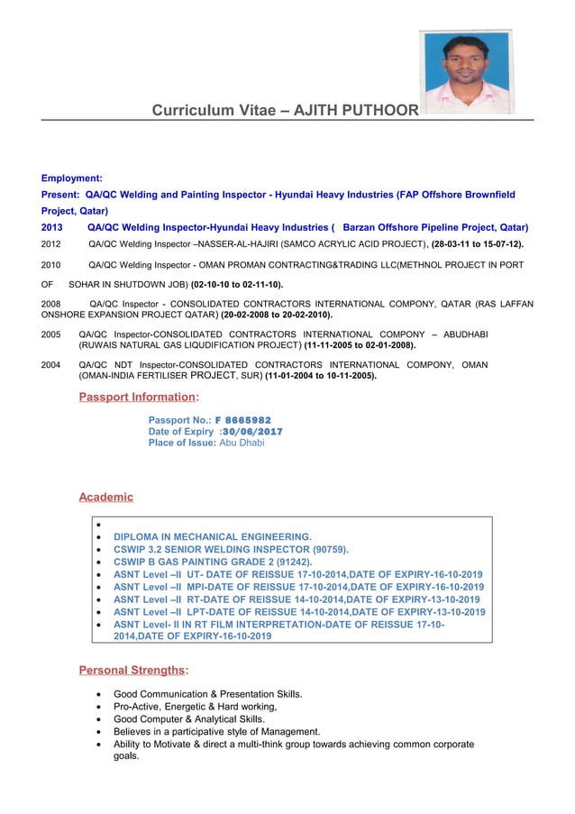 QA- QC INSPECTOR AJITH CV - Copy | DOC | Business | Business and Finance