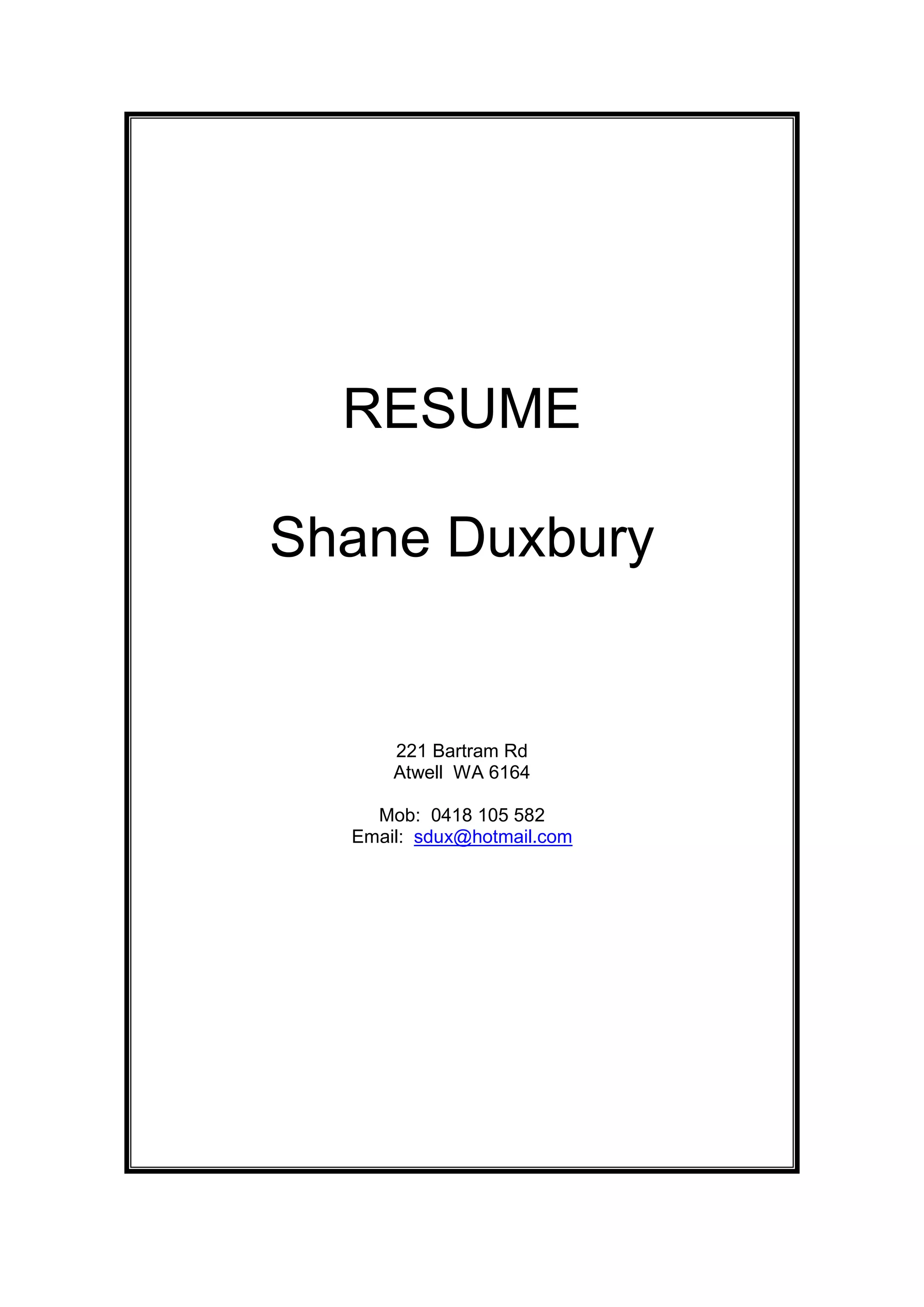 Shane Duxbury Latest Resume | PDF