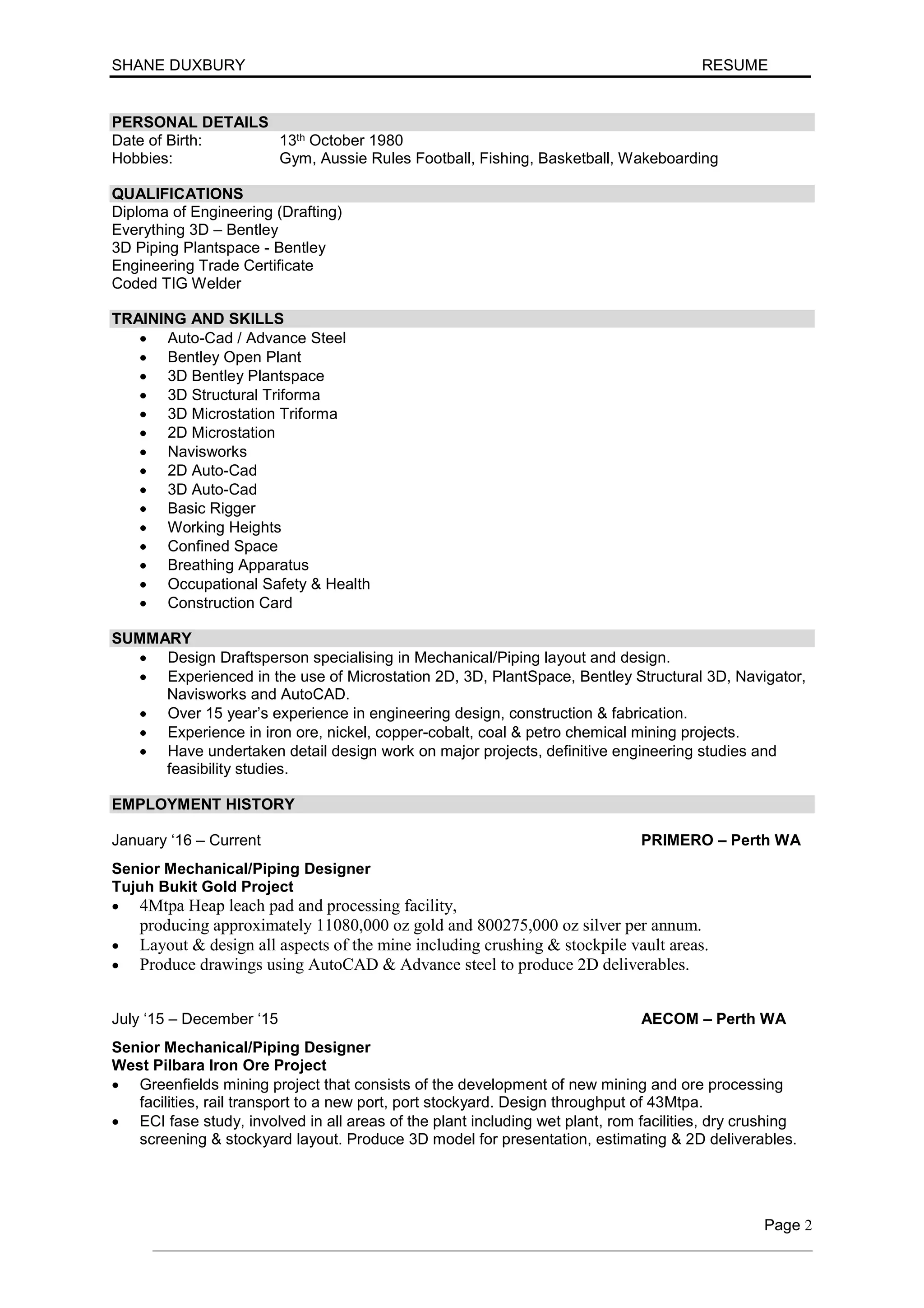 Shane Duxbury Latest Resume | PDF