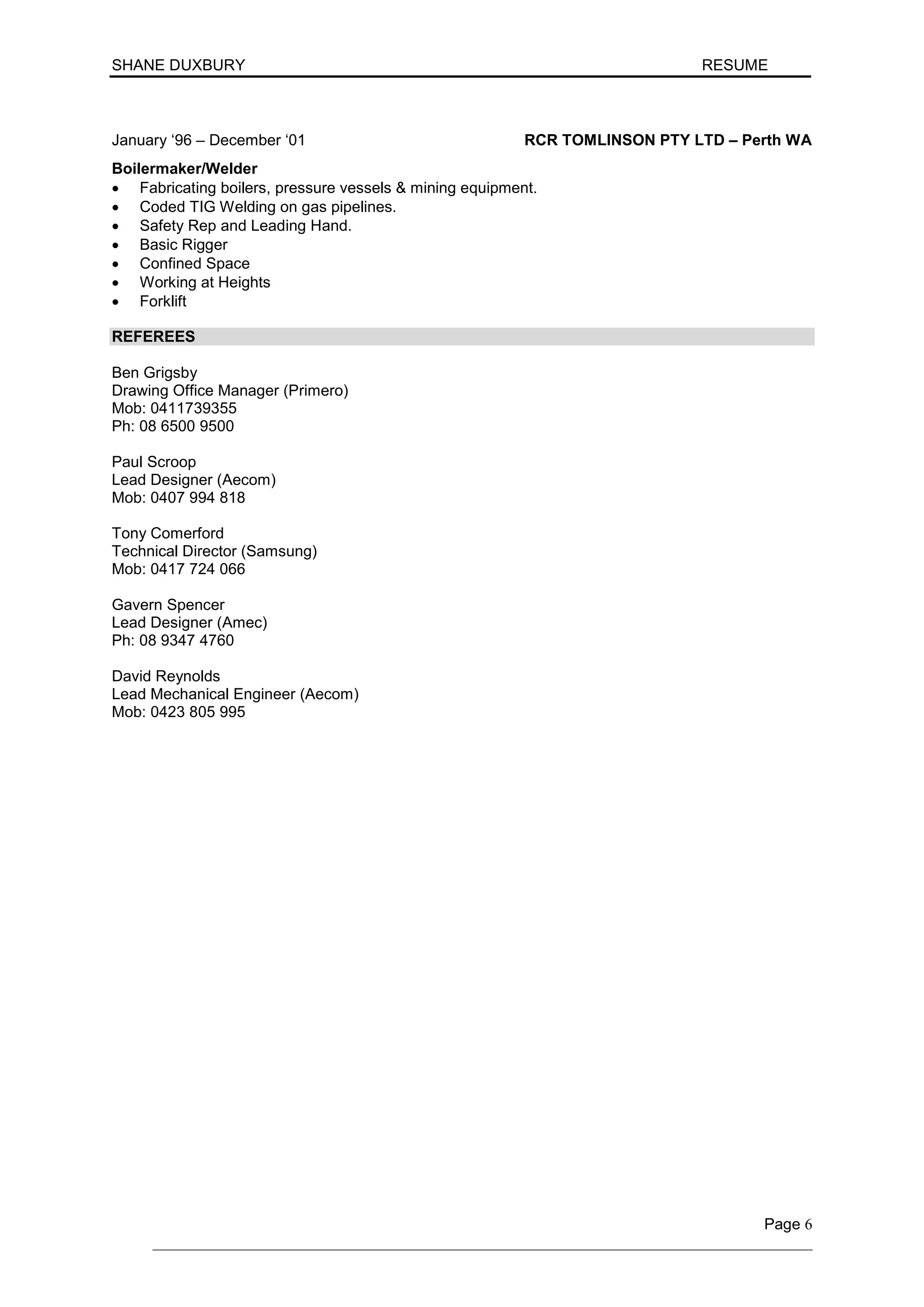 Shane Duxbury Latest Resume | PDF