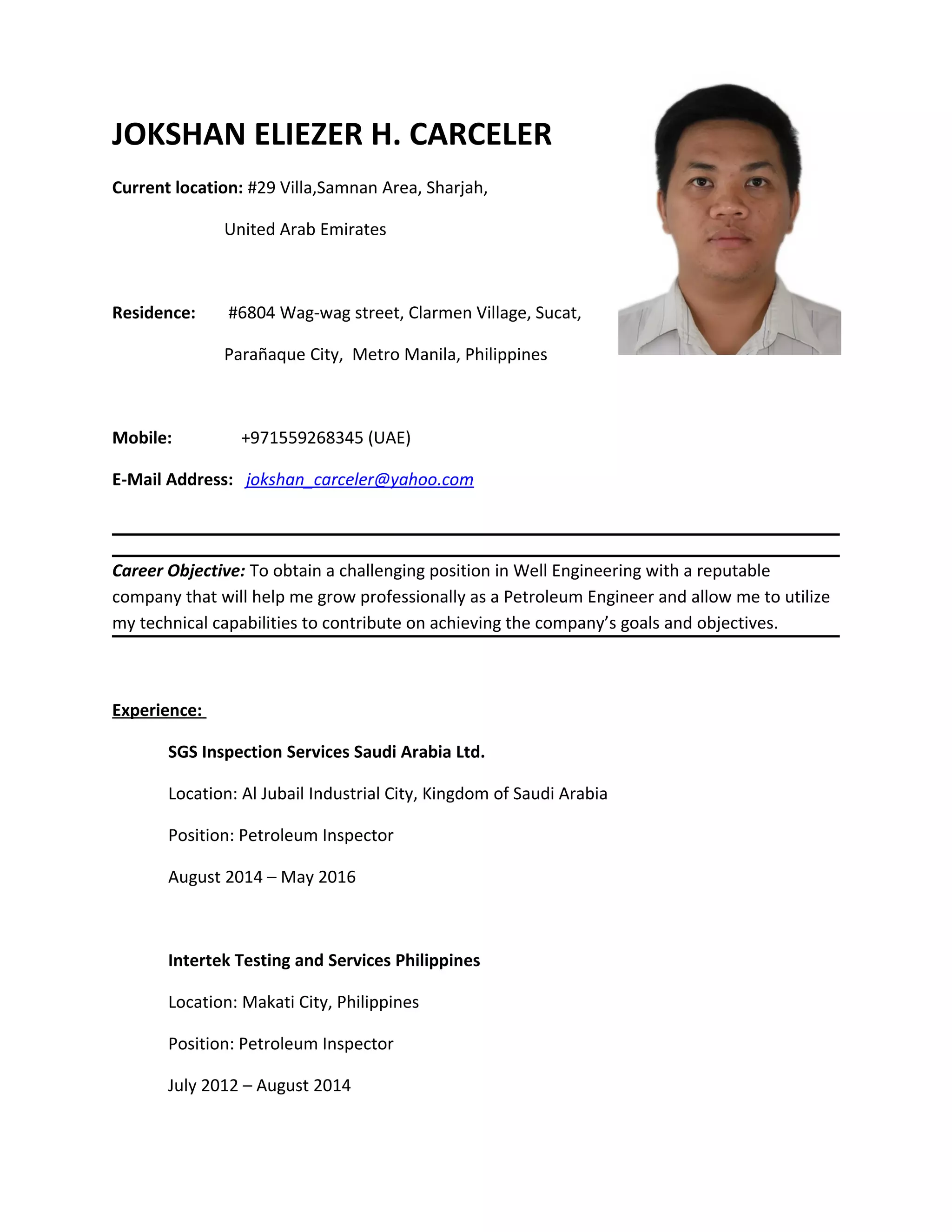 JOKSHAN ELIEZER H. CARCELER [PETROLEUM ENGINEER] | PDF