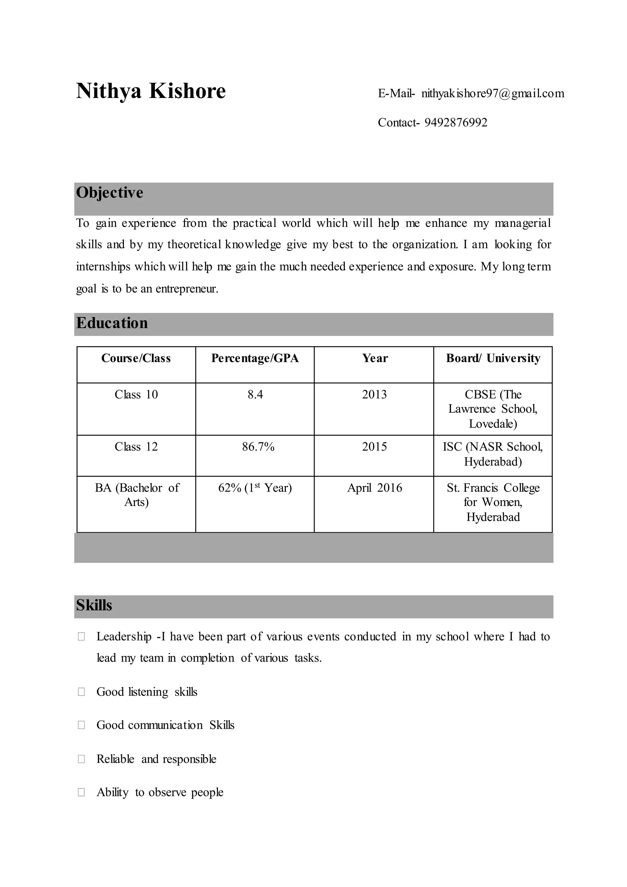 Resume Nithya Kishore | PDF