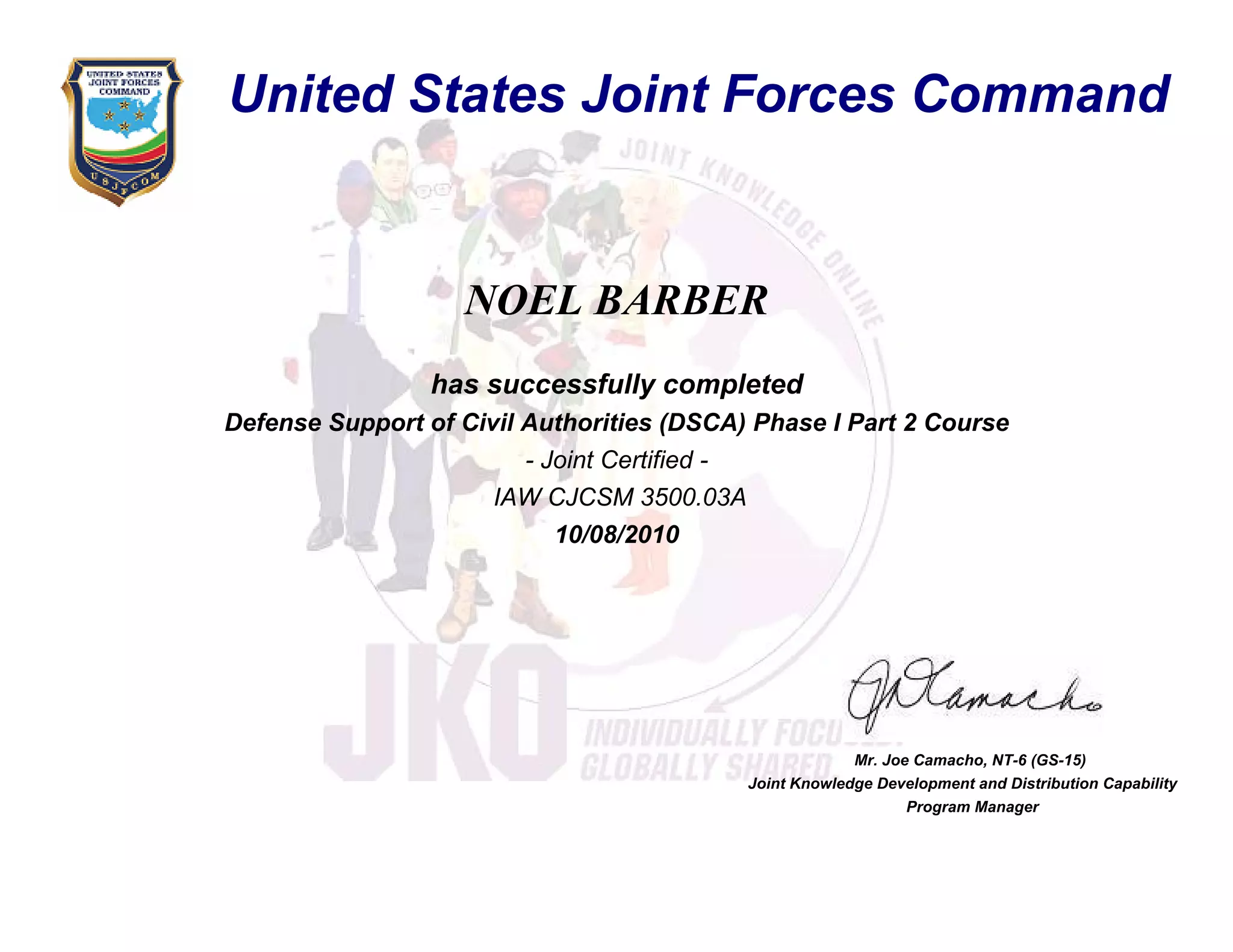 JKO DSCA Phase 1 Part 2 Certificate | PDF