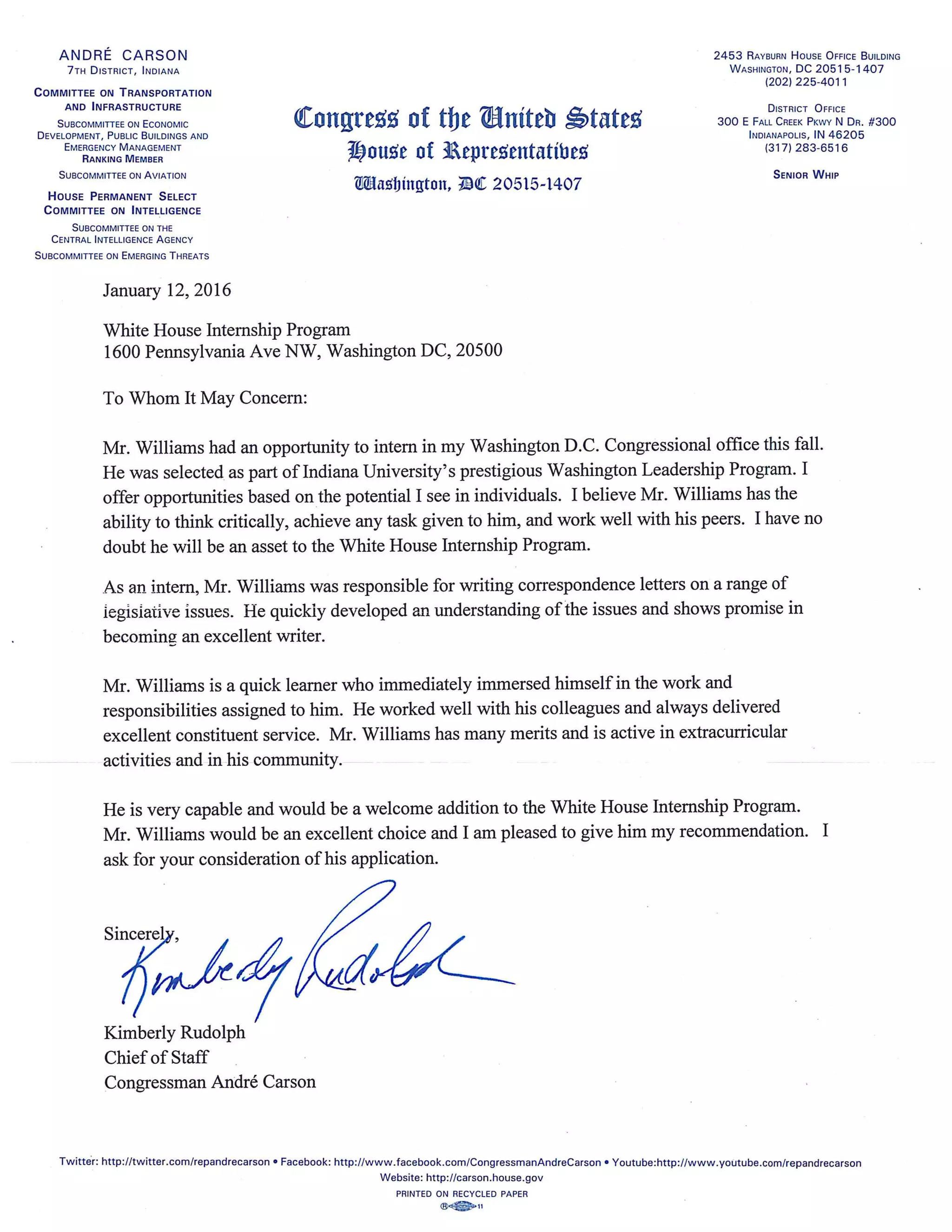 Congressman Andre Carson Reccomendation letter | PDF
