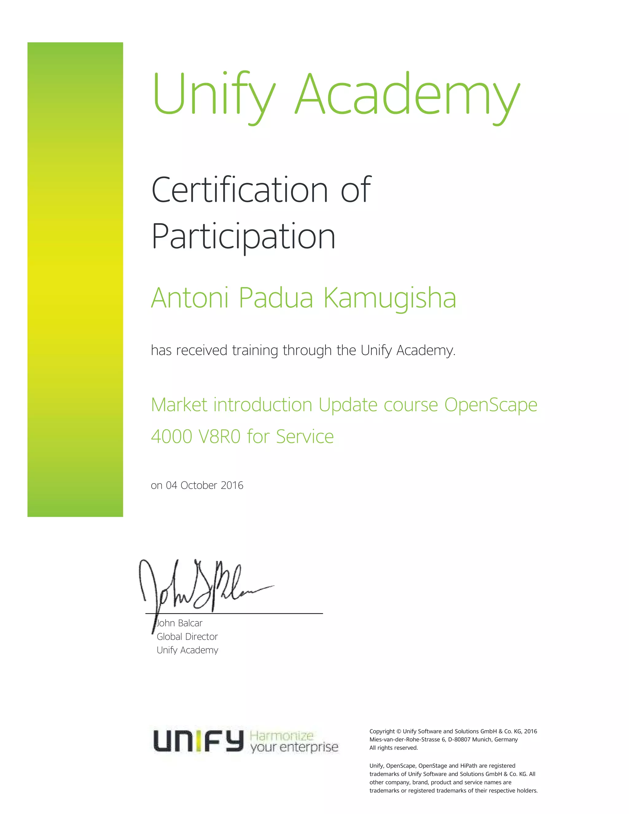 Unify OpenScape 4000 Course Certificate Antoni | PDF