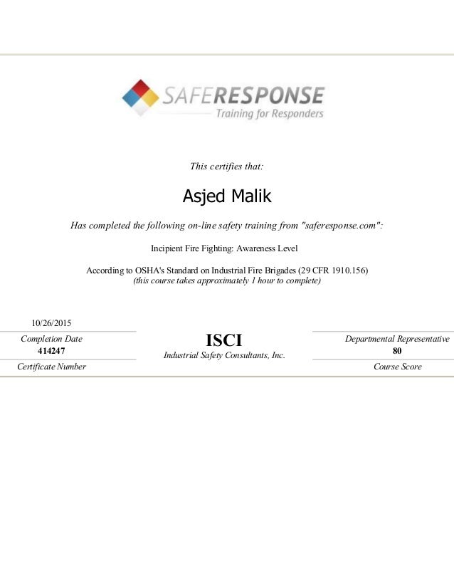 Incipient fire fighting Certificate