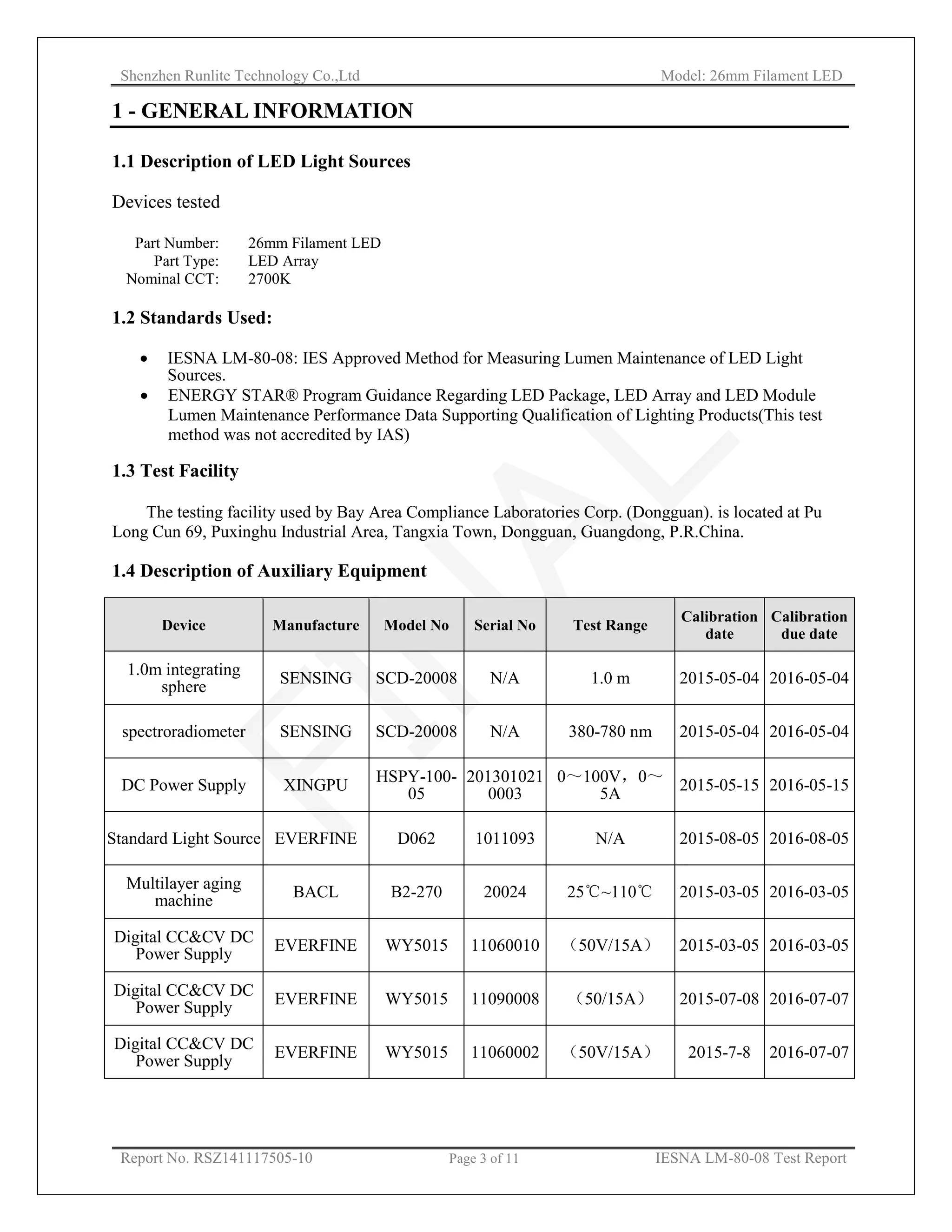 Runlite 26mm Filament LED LM-80 test report.PDF | Physics | Science