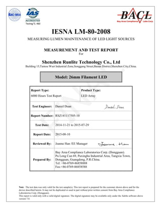 Runlite 26mm Filament LED LM-80 test report.PDF | Physics | Science