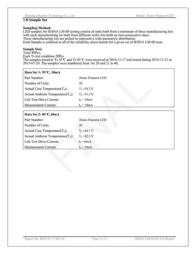 Runlite 26mm Filament LED LM-80 test report.PDF | Physics | Science