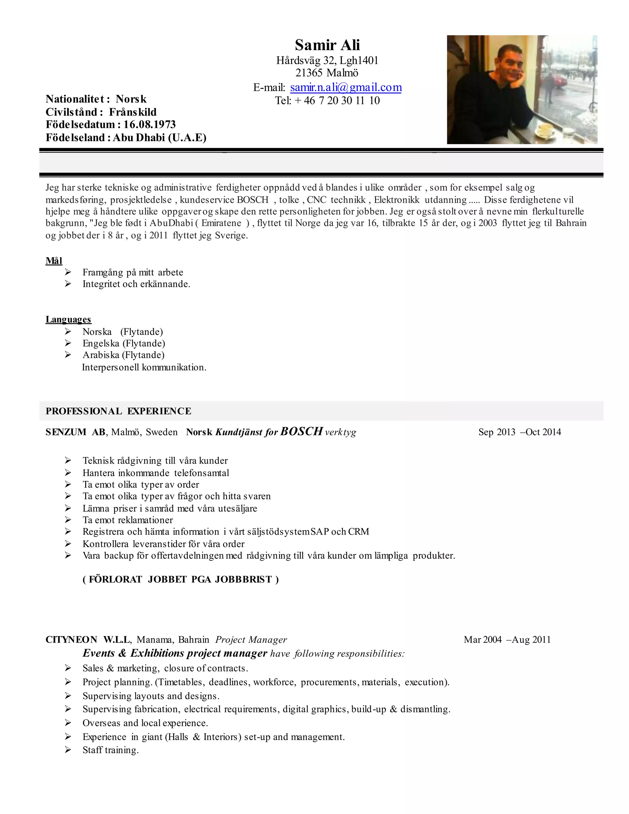 CV - Samir Ali 2015 landskrona Mai | DOCX | Food Industry | Industries