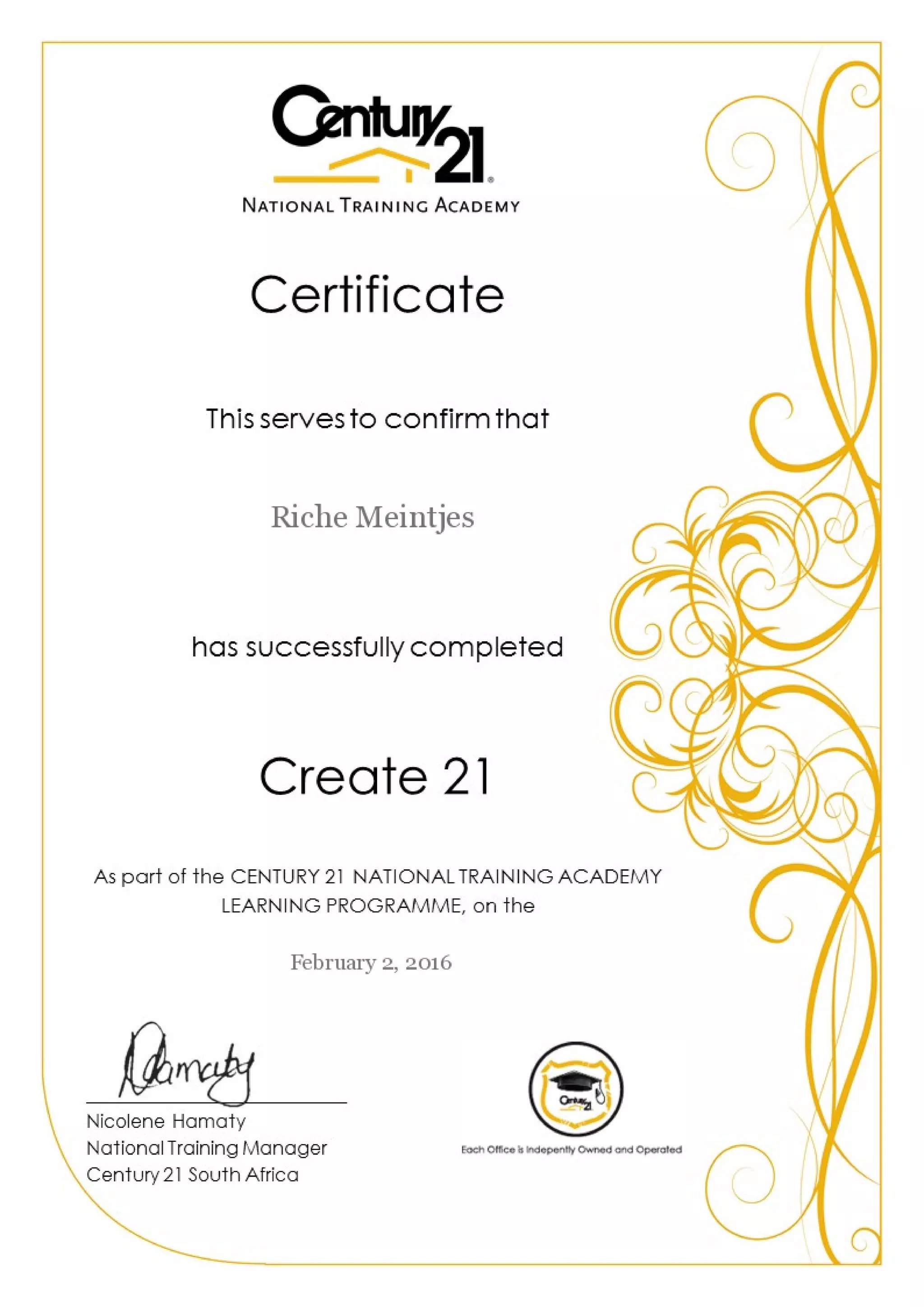 Create 21 Certificate - Riche Meintjes | PDF