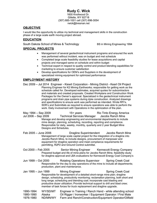 Rudy C. Wick Resume - Earthworks Project Manager | PDF