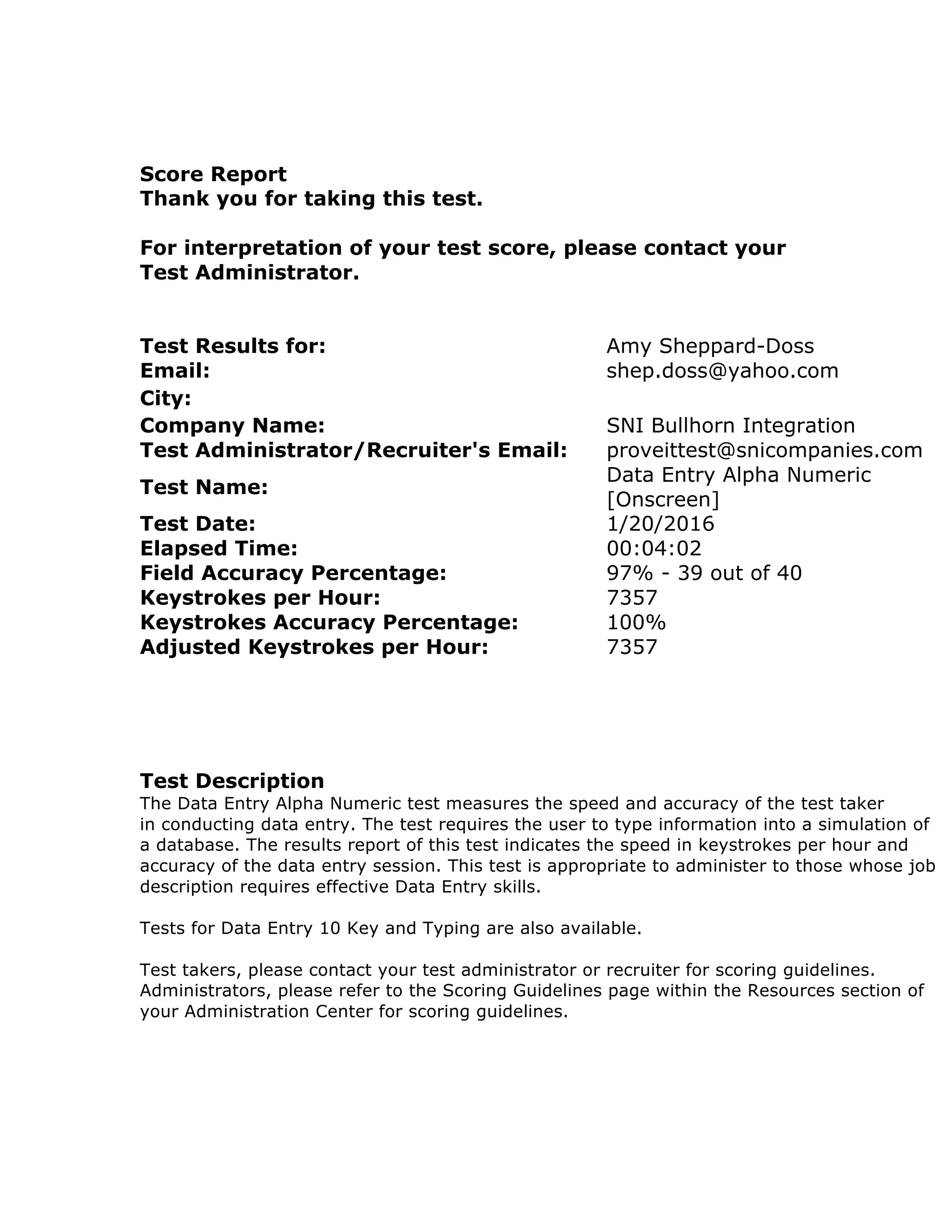2016 Data Entry Score Report | PDF