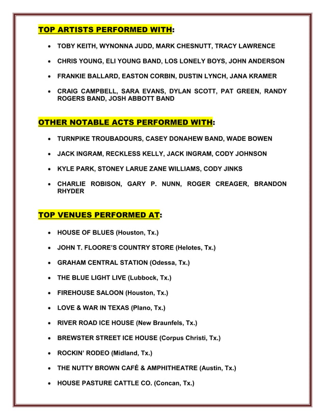 Band Resume. 3.31.16 | Country Music | Music