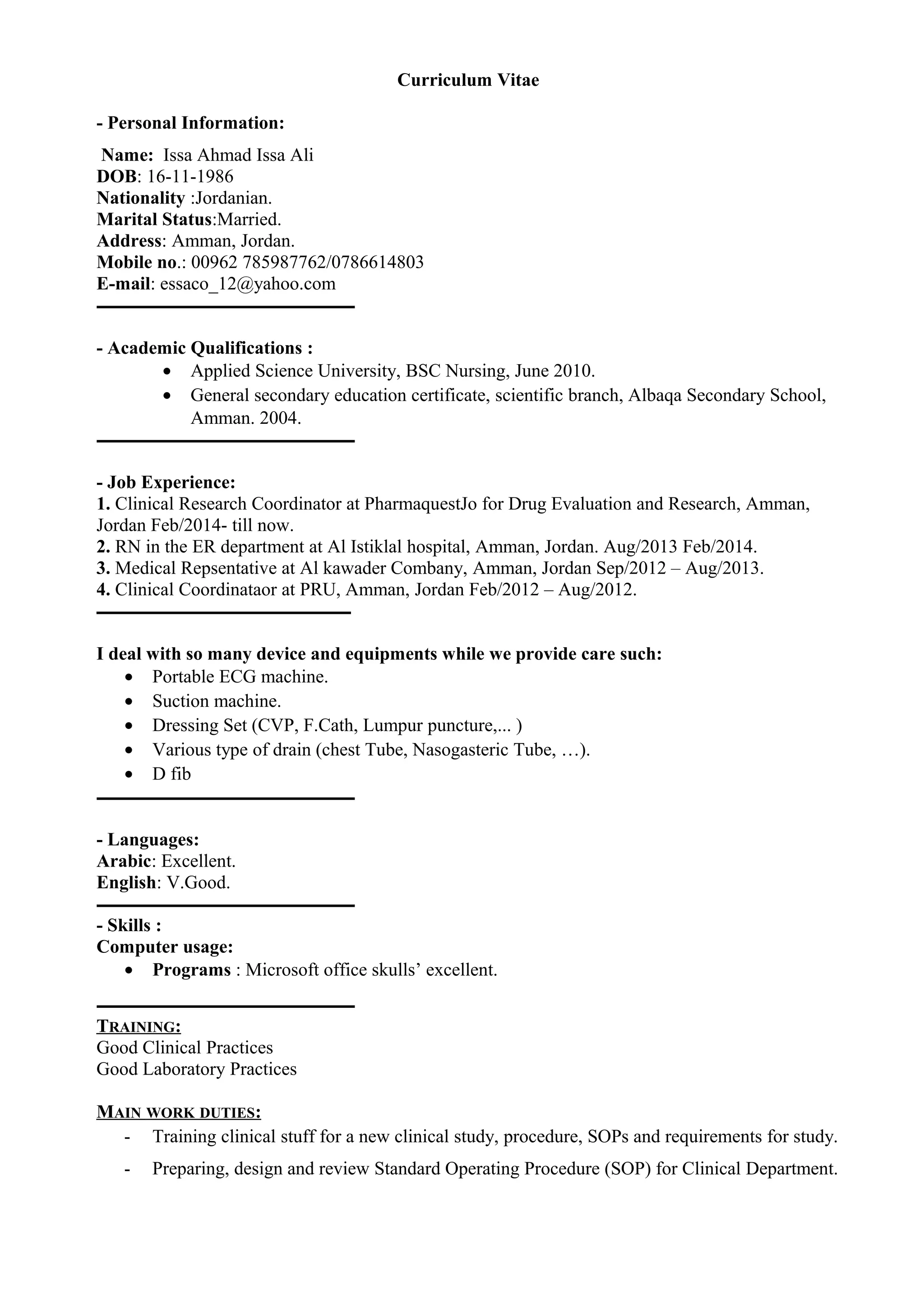 clinicalcoordinator cv | DOC