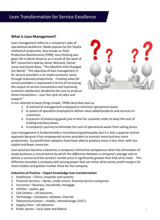 Service Description Lean Transformation for Service Excellence | PDF