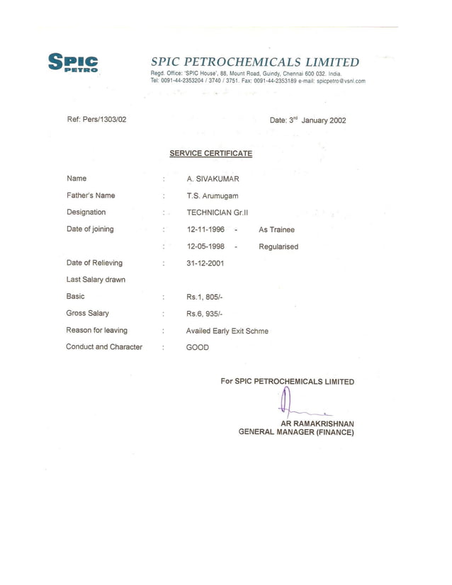 SPIC Petrochemicals Certificate | PDF