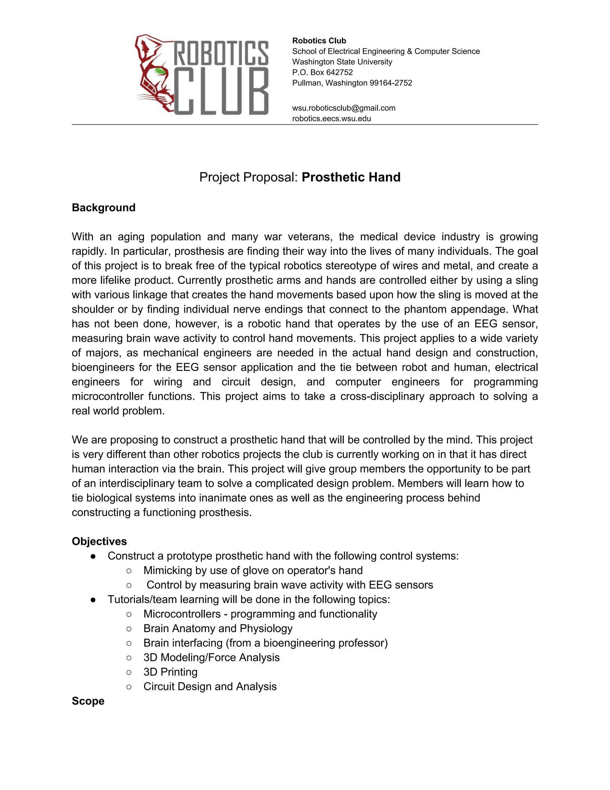 Prosthetic Hand Proposal | PDF