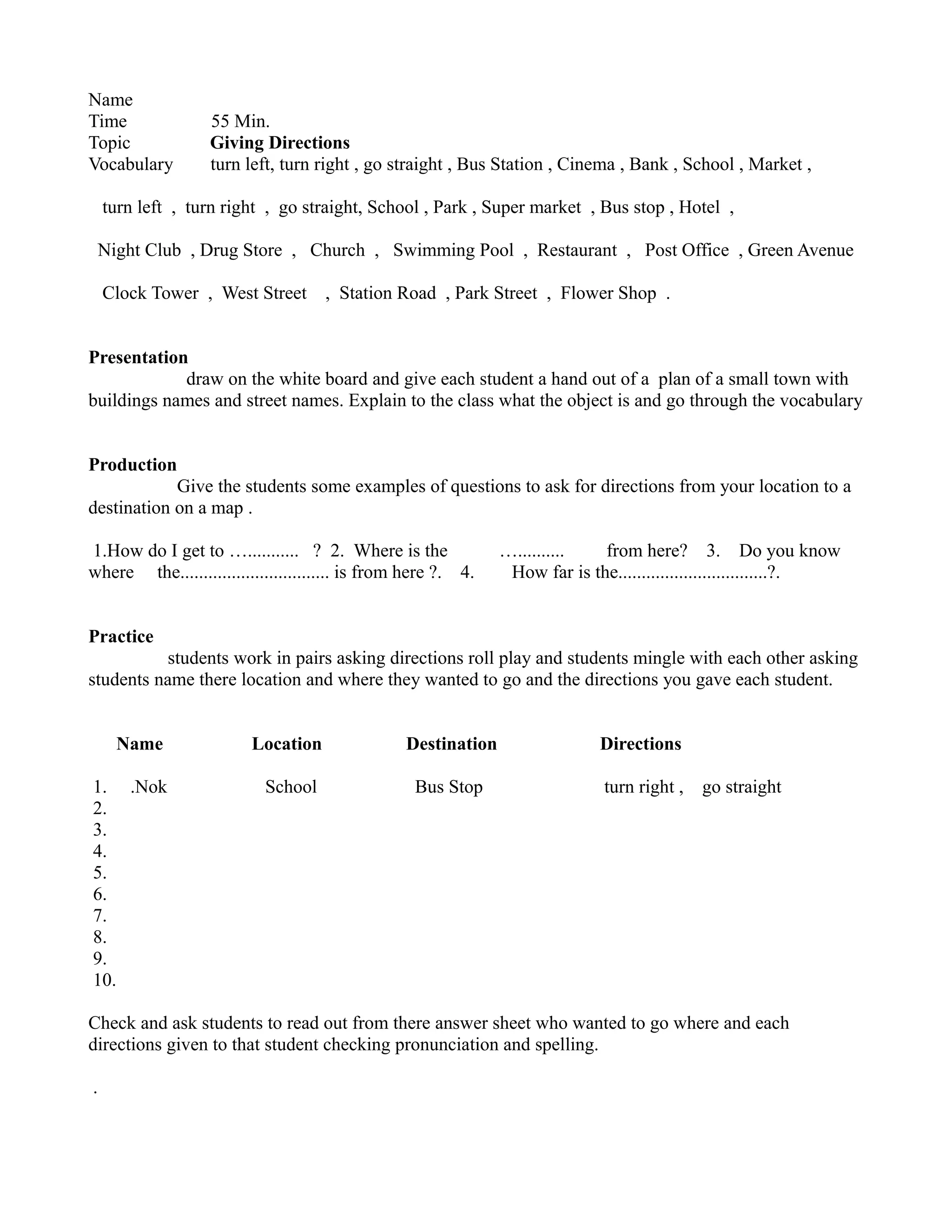 lesson plan directions | ODT