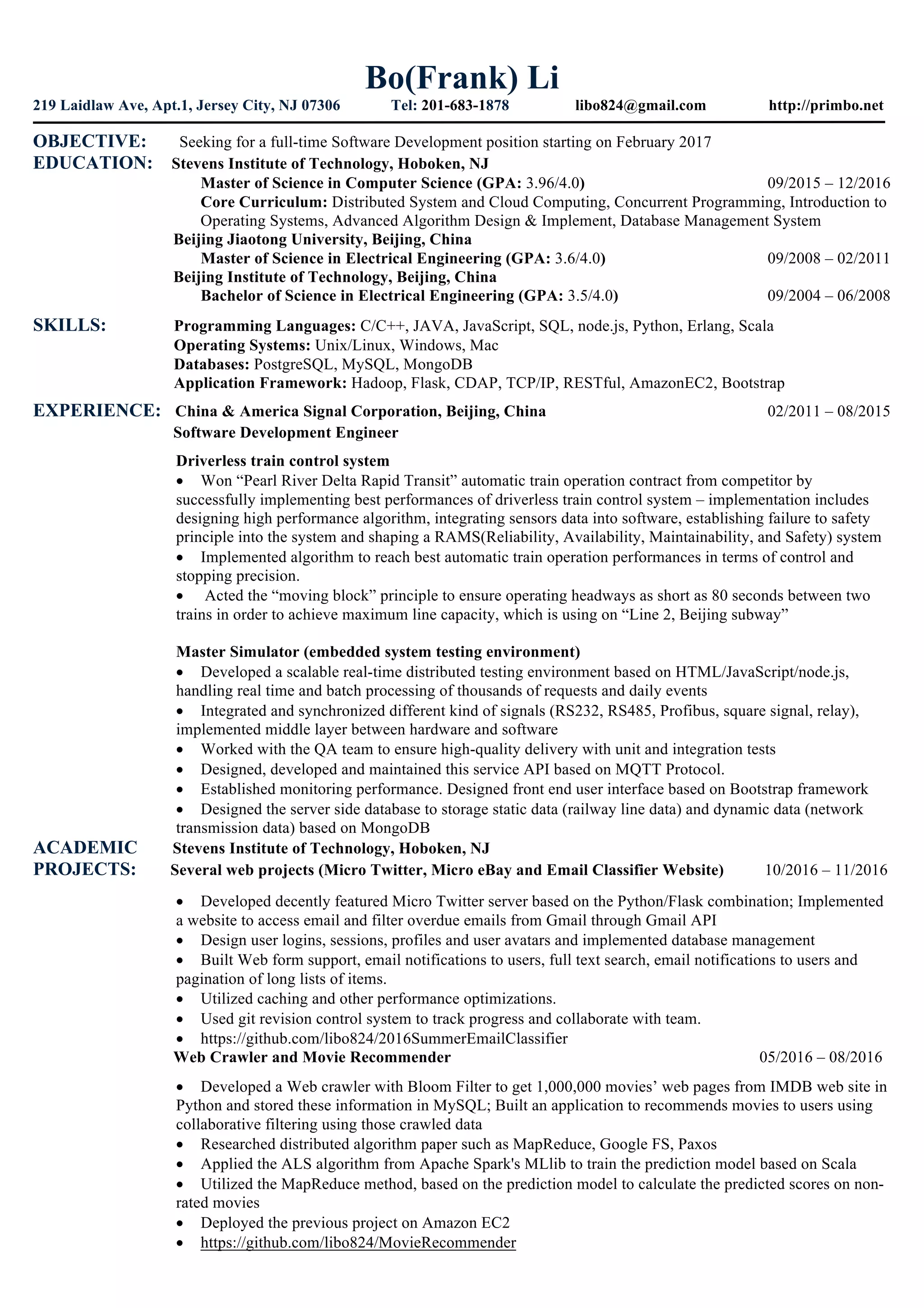 Bo(Frank)_Li_Resume | PDF | Programming Languages | Computing