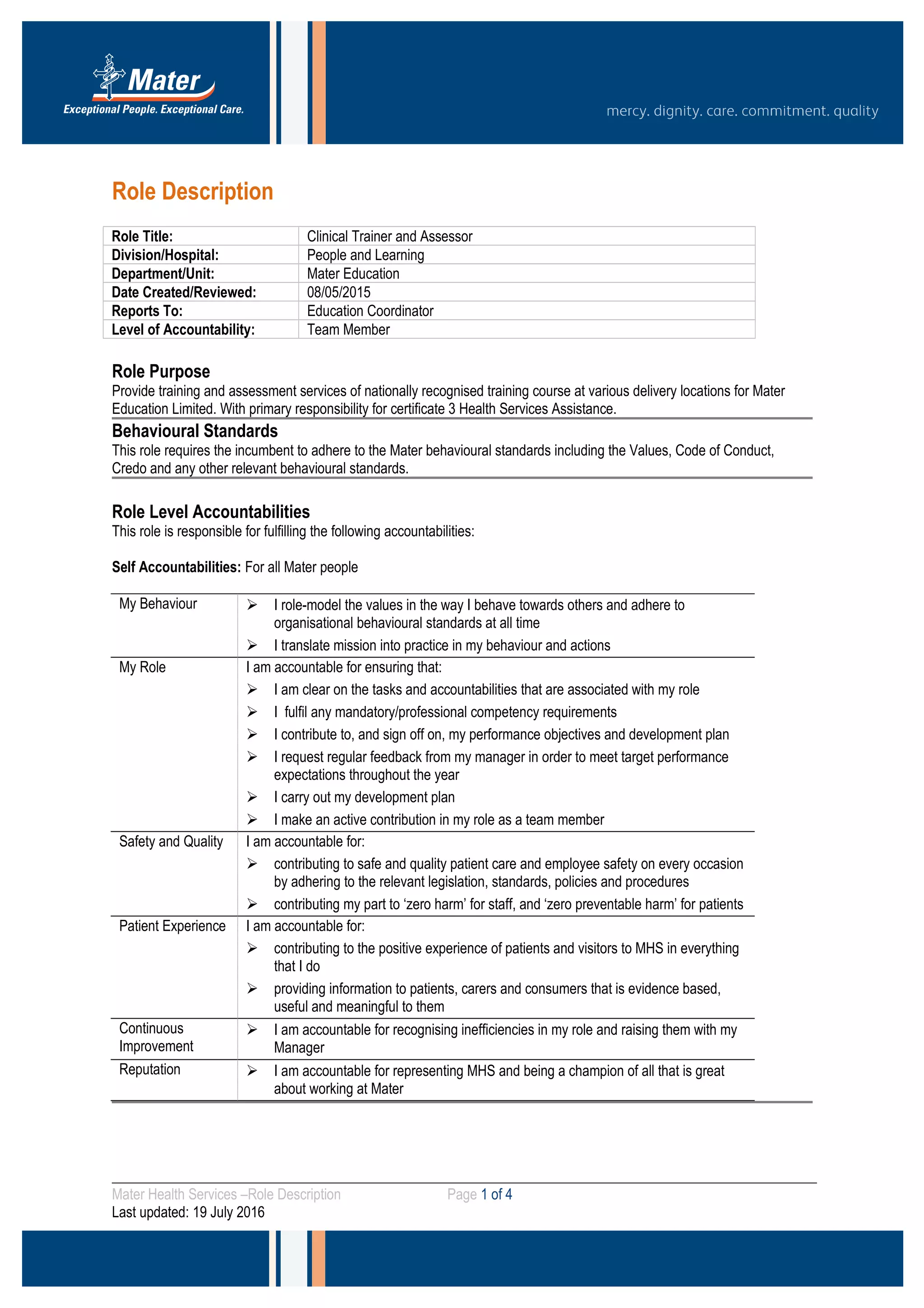 Clinical Trainer and Assessor Role Description | PDF