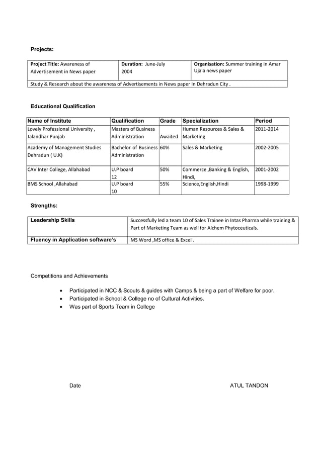 ATUL TANDON (CV) | DOC | IT and Internet Support | Internet