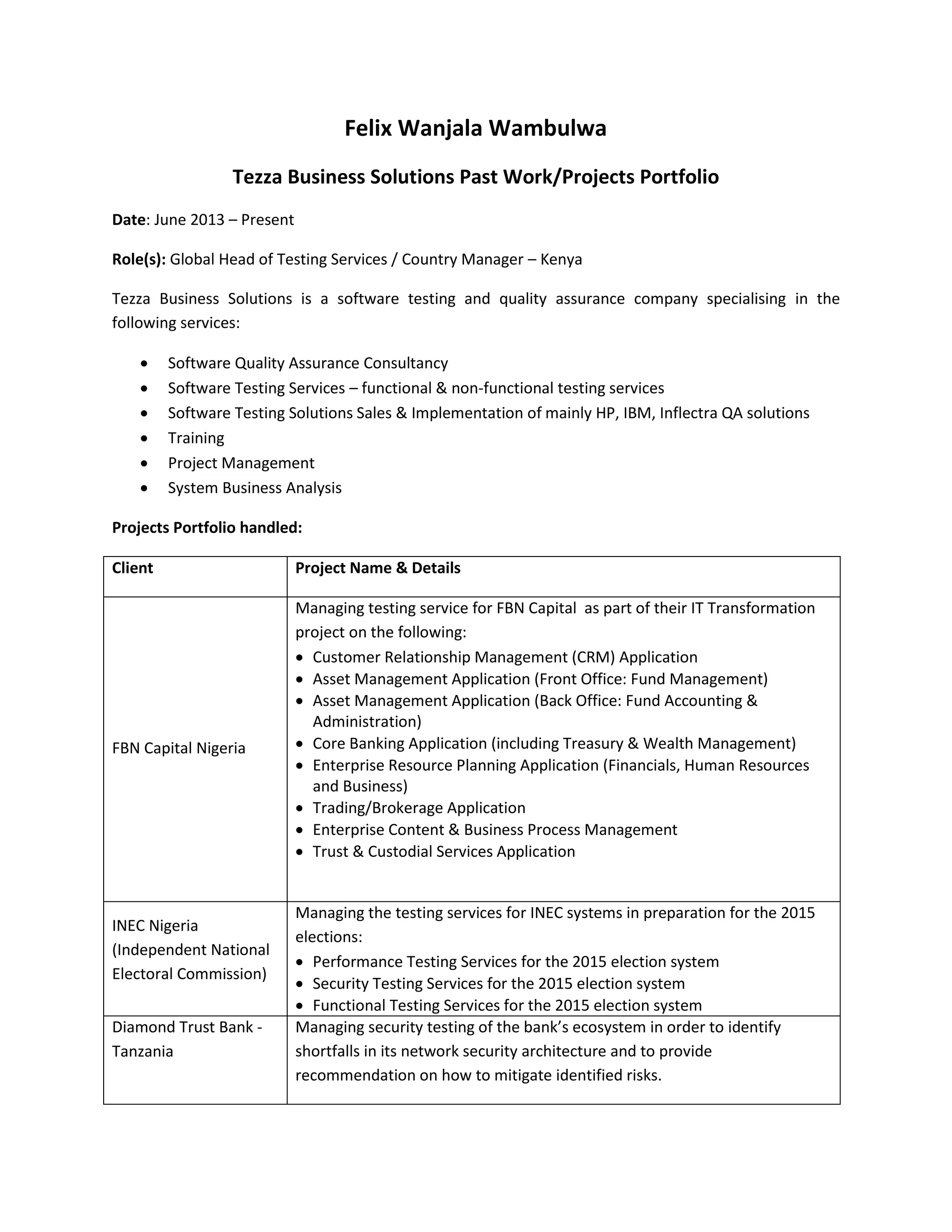 Felix Wanjala Wambulwa - Tezza Past Projects Portfolio | PDF