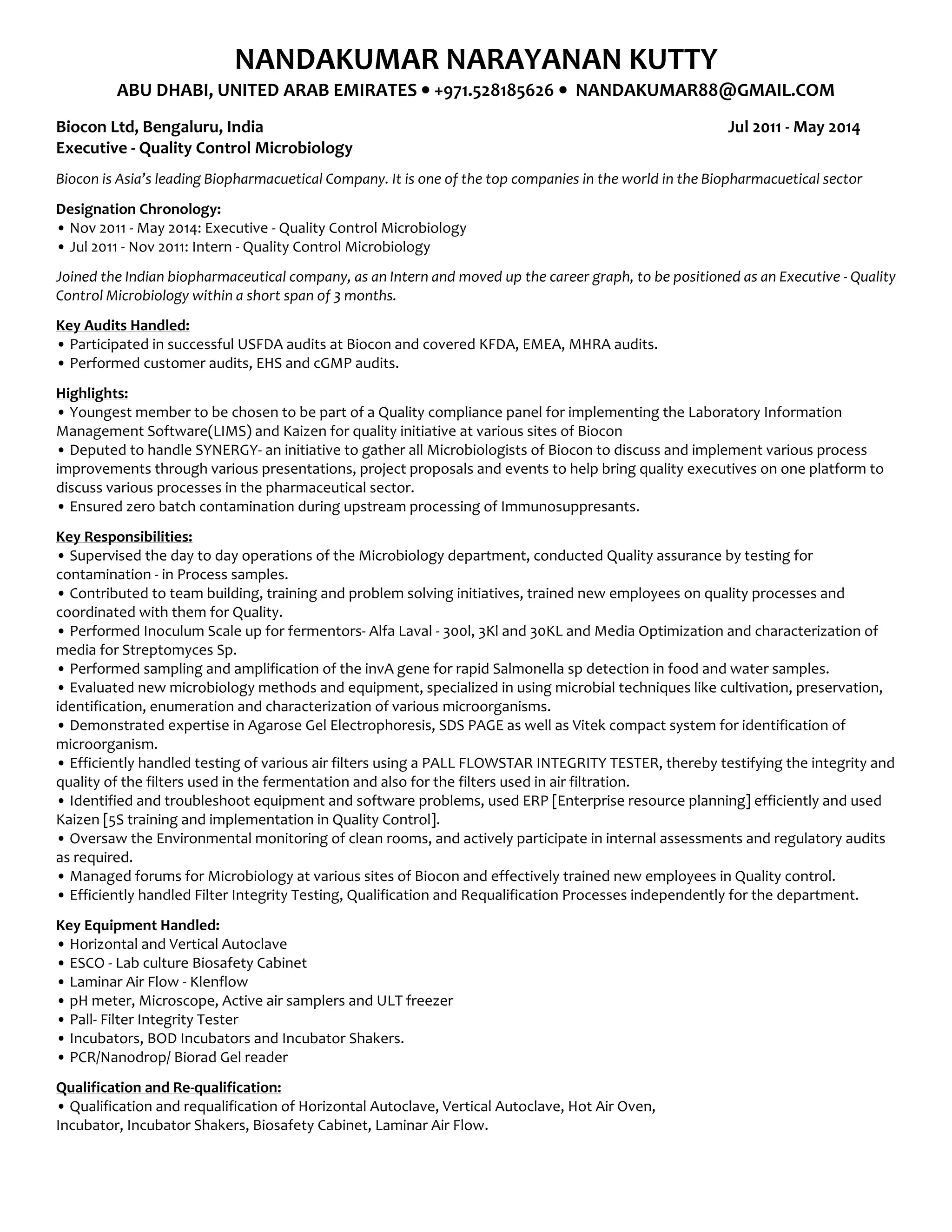 NANDAKUMAR CV for LinkedIn | PDF | Biotech and Biomedical Industry | Industries