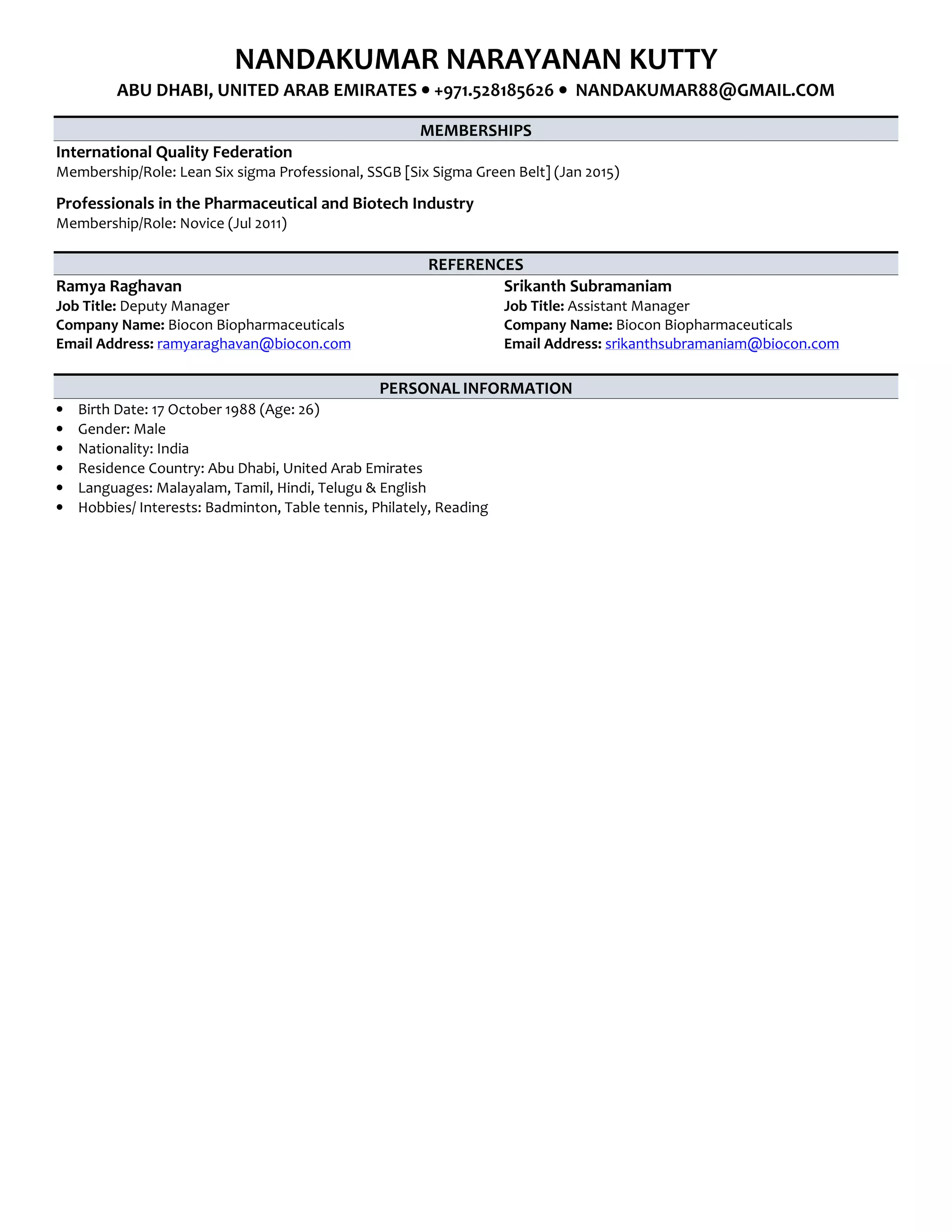NANDAKUMAR CV for LinkedIn | PDF | Biotech and Biomedical Industry | Industries