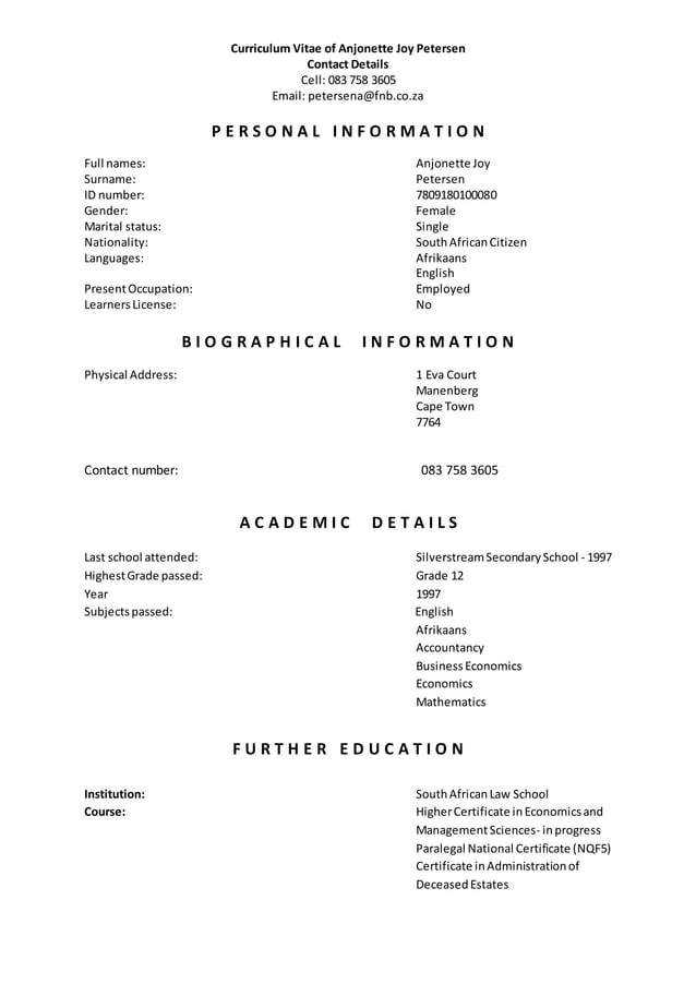 Anjonette Petersen CV 2016 | DOCX | Legal Services Industry | Industries