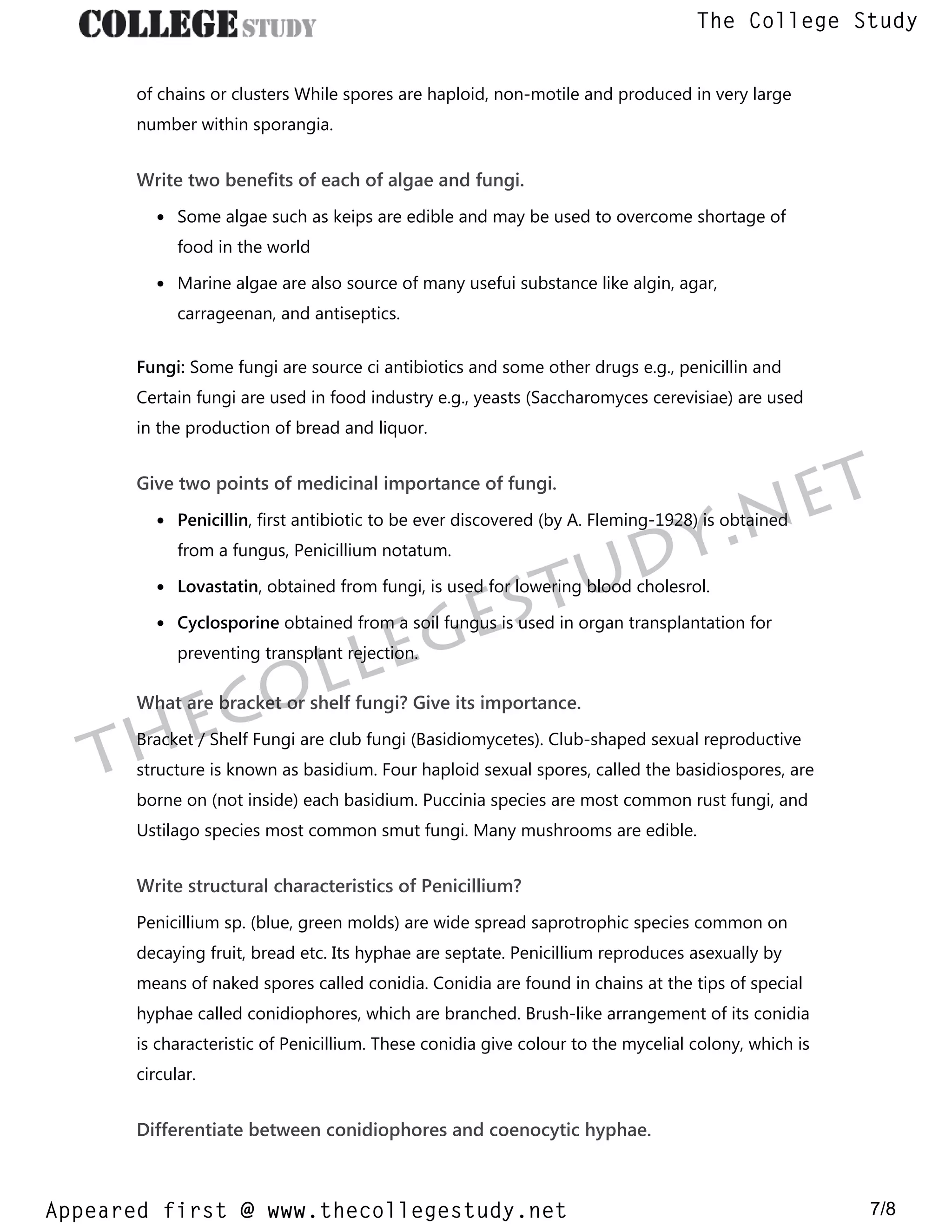 6 chap 8 (kingdom fungi) f.sc 1st year biology helping notes | PDF